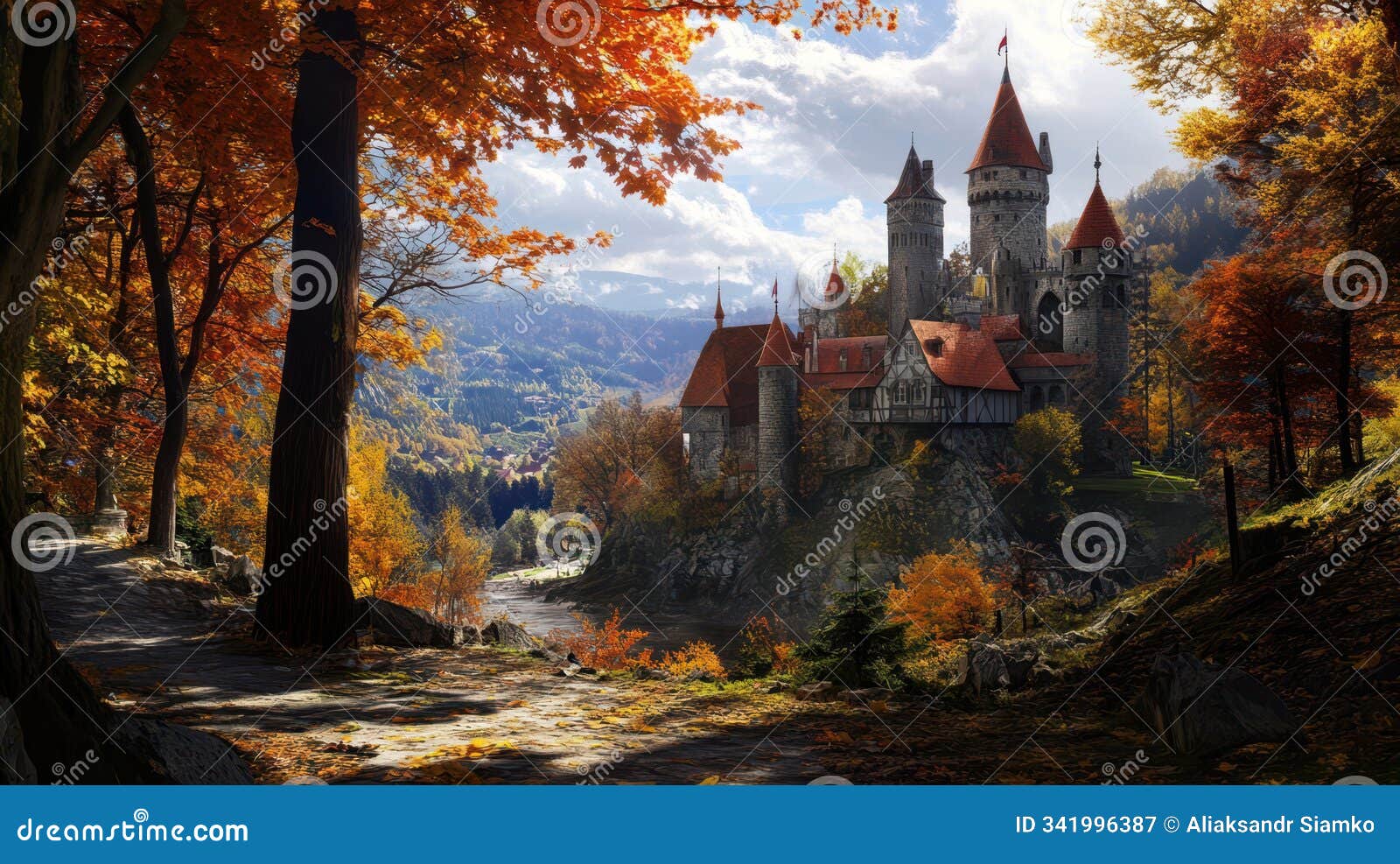 Wide View of a Medieval Castle Surrounded by Vibrant Trees Stock ...
