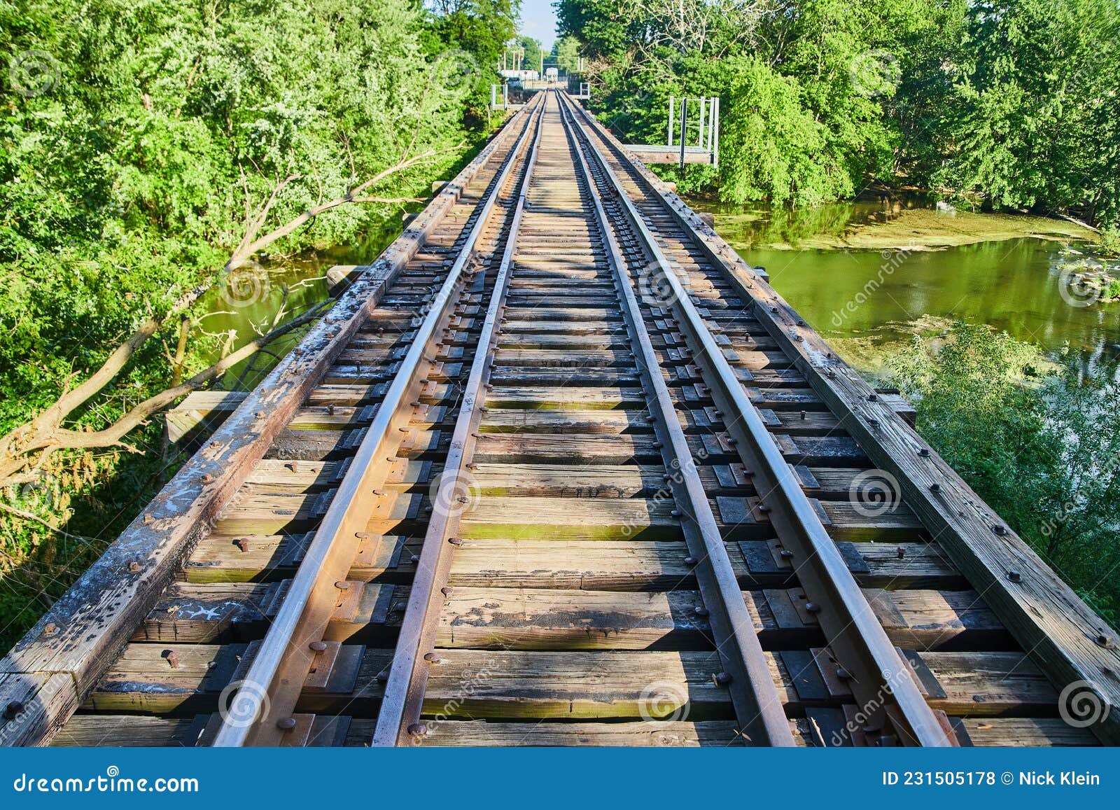 Wide View Walking on Railroad Train Tracks Crossing Over Water Stock ...
