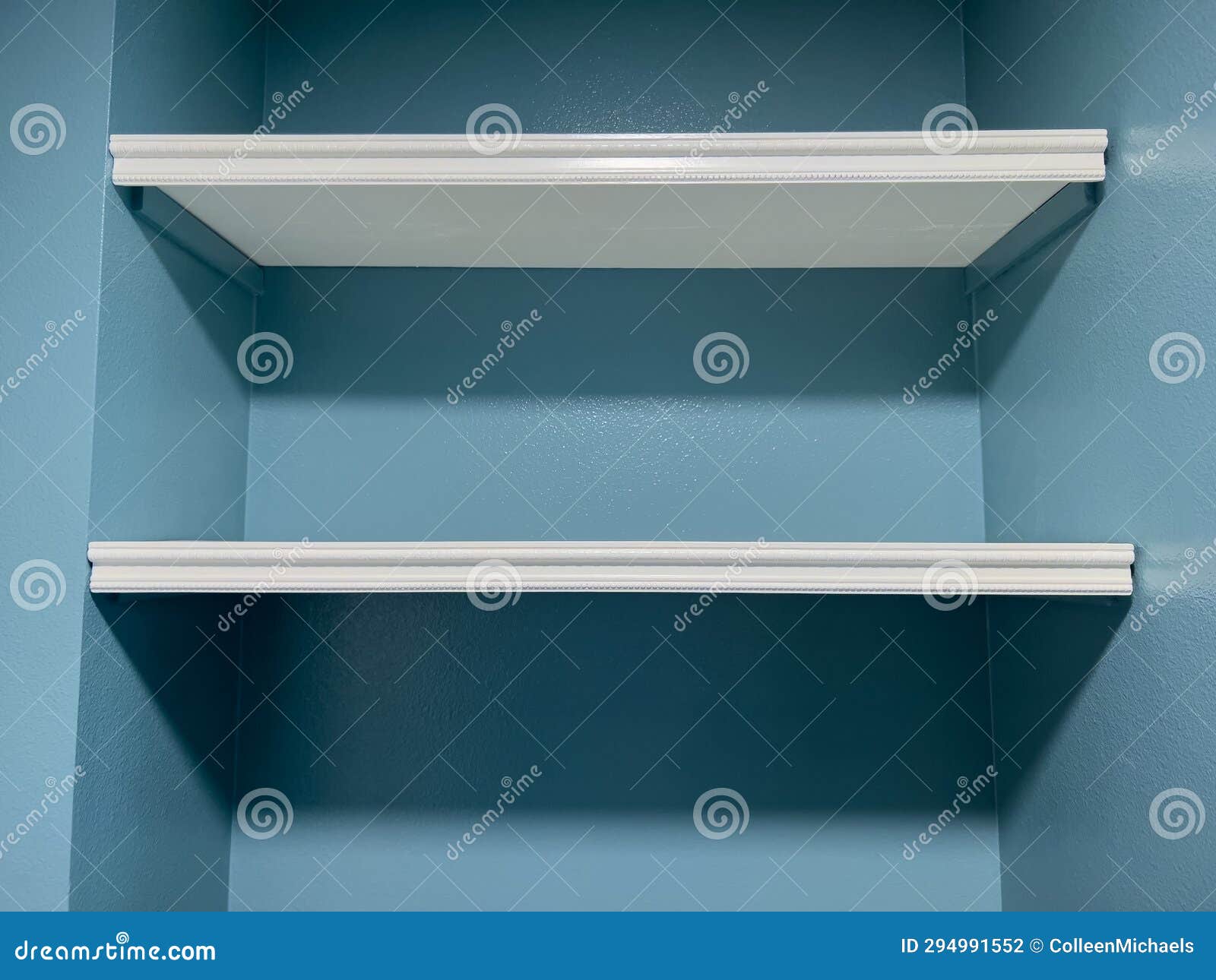 Wide View of White, Empty Shelves Mounted on Bright Blue Walls in a ...