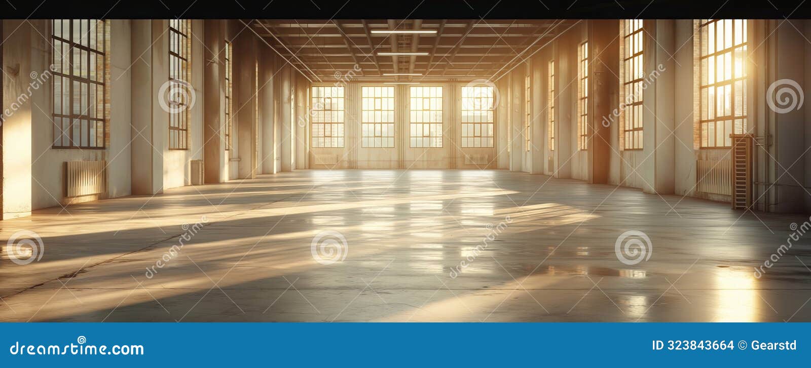 Wide Warehouse with Reflective Floor and Window Light Stock Photo ...