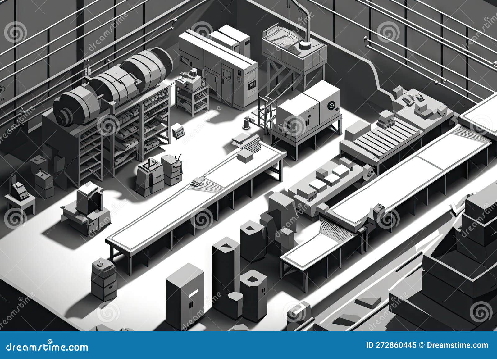 Wide Workshop with Conveyor Belt, Workstations and Machine in ...