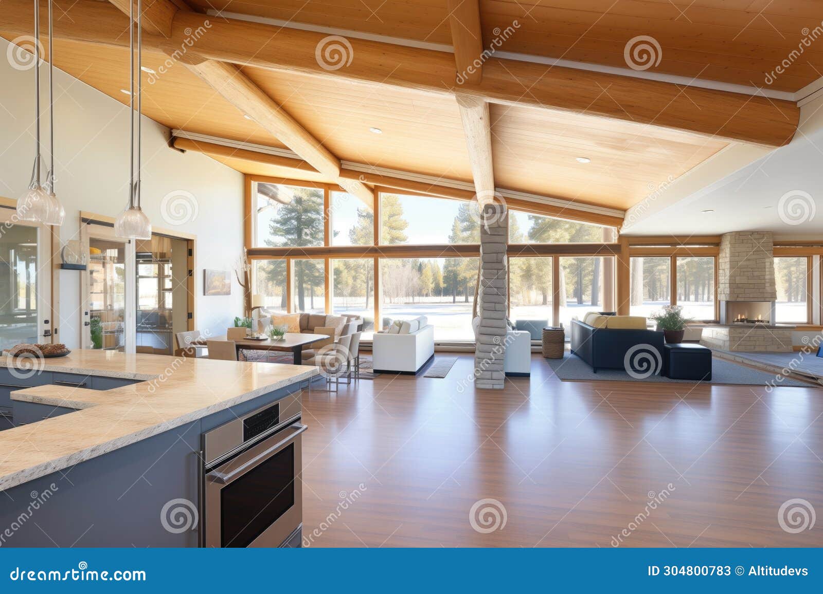 Wideangle Shot of a Modern Log Cabin Open Space with Floortoceiling ...
