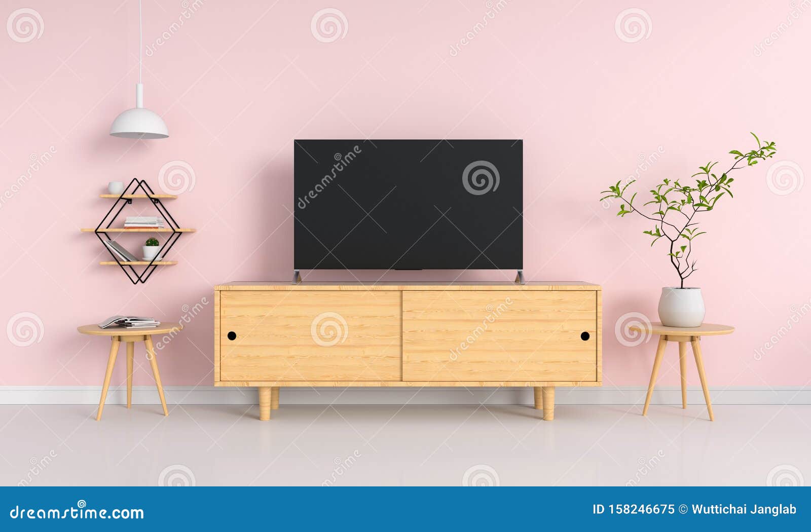 Widescreen TV in Pink Living Room, 3D Rendering Stock Illustration ...