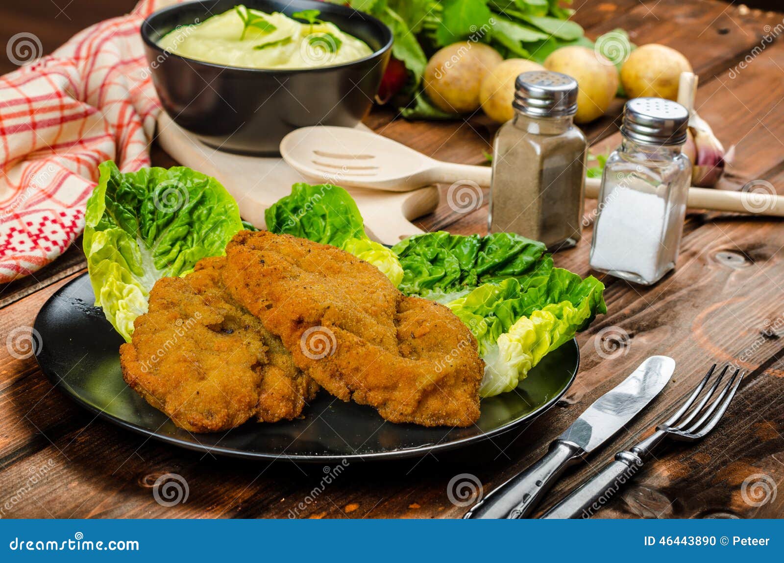 Wiener Schnitzel with Mashed Potato Stock Photo - Image of pepper ...