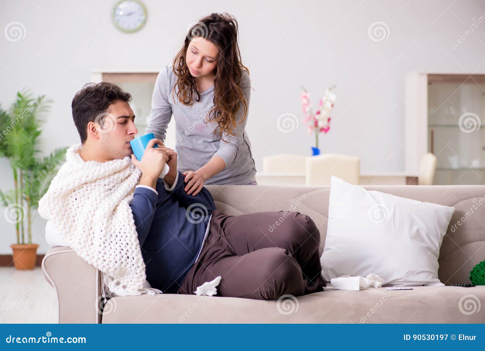 The Wife Caring for Sick Husband at Home Stock Image - Image of cold ...