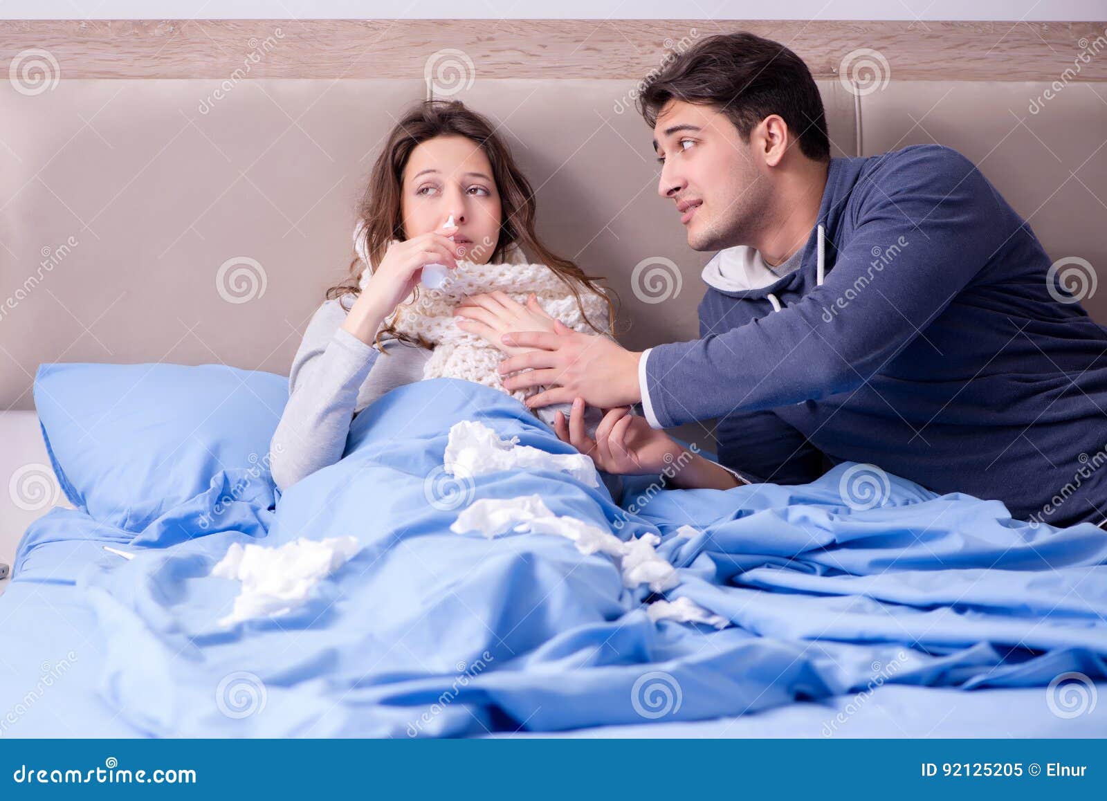 The Wife Caring for Sick Husband at Home in Bed Stock Image - Image of ...