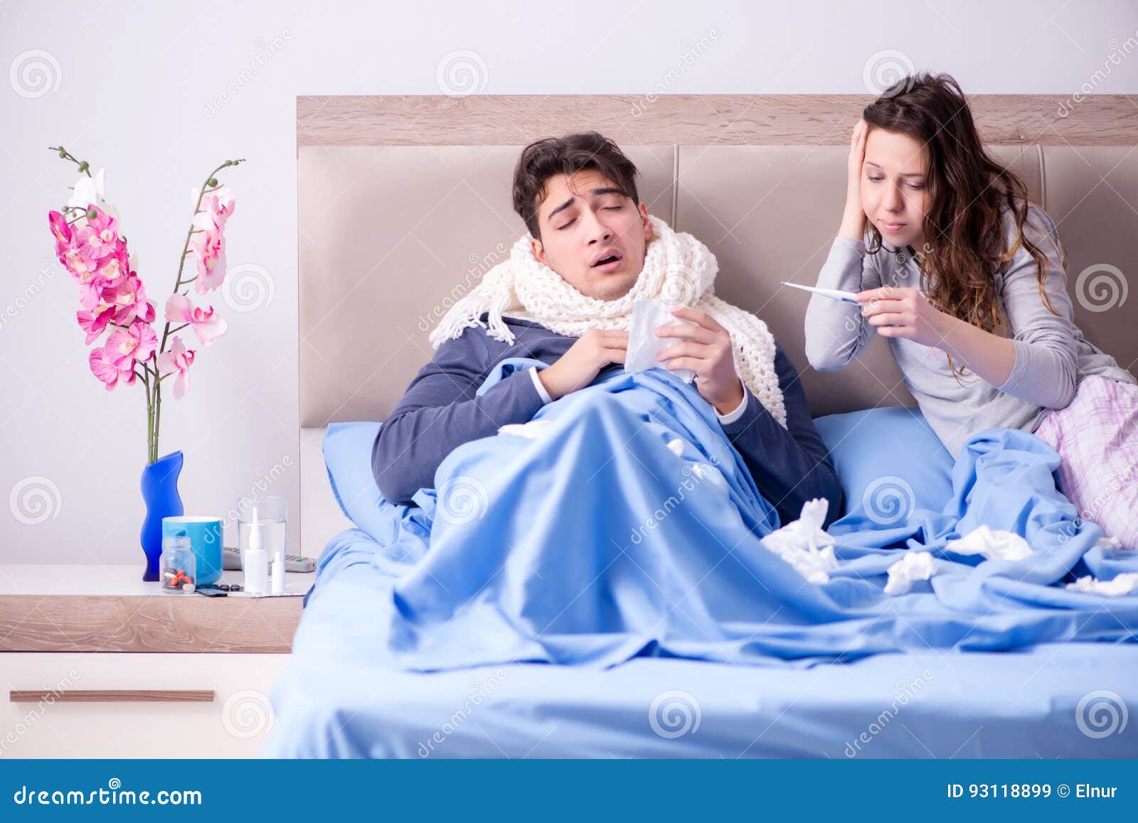 The Wife Caring for Sick Husband at Home in Bed Stock Image - Image of ...