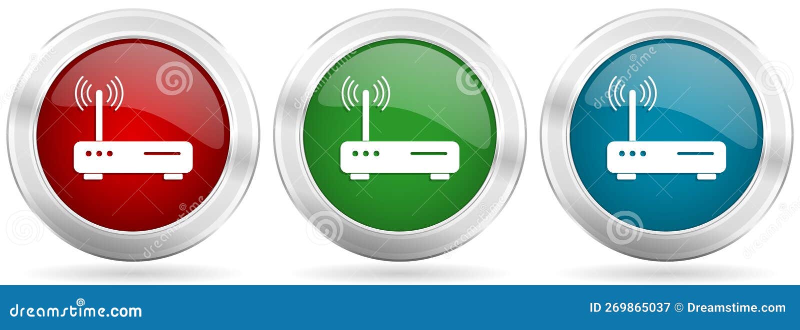 Wifi, Router Vector Icon Set. Red, Blue and Green Silver Metallic Web ...