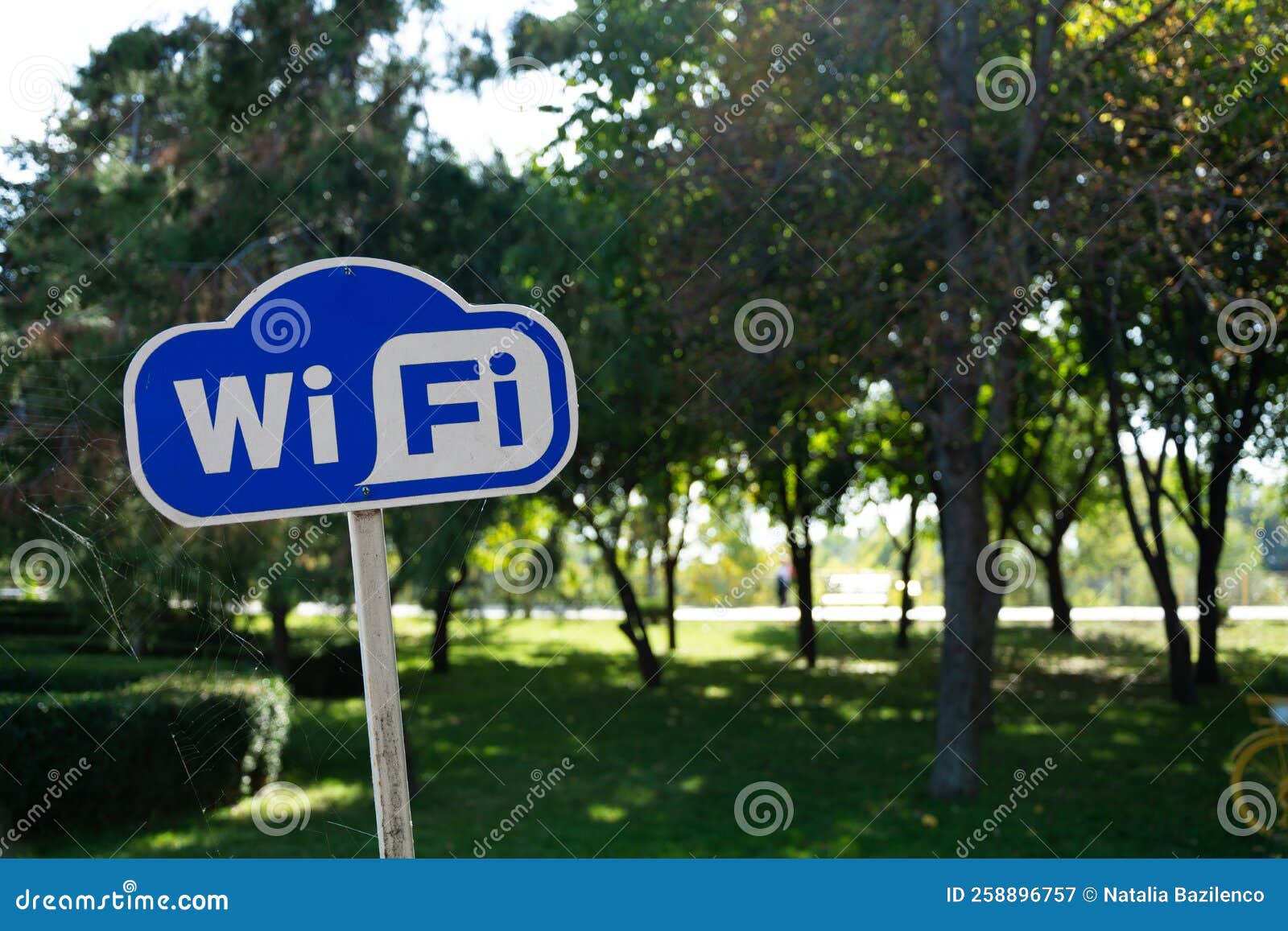 Wifi Sign. Blue and White Wifi Sign Board on the Green Background in ...