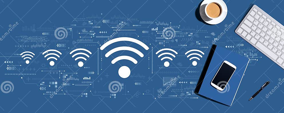 Wifi Theme with Computer Keyboard and Office Items Stock Illustration ...