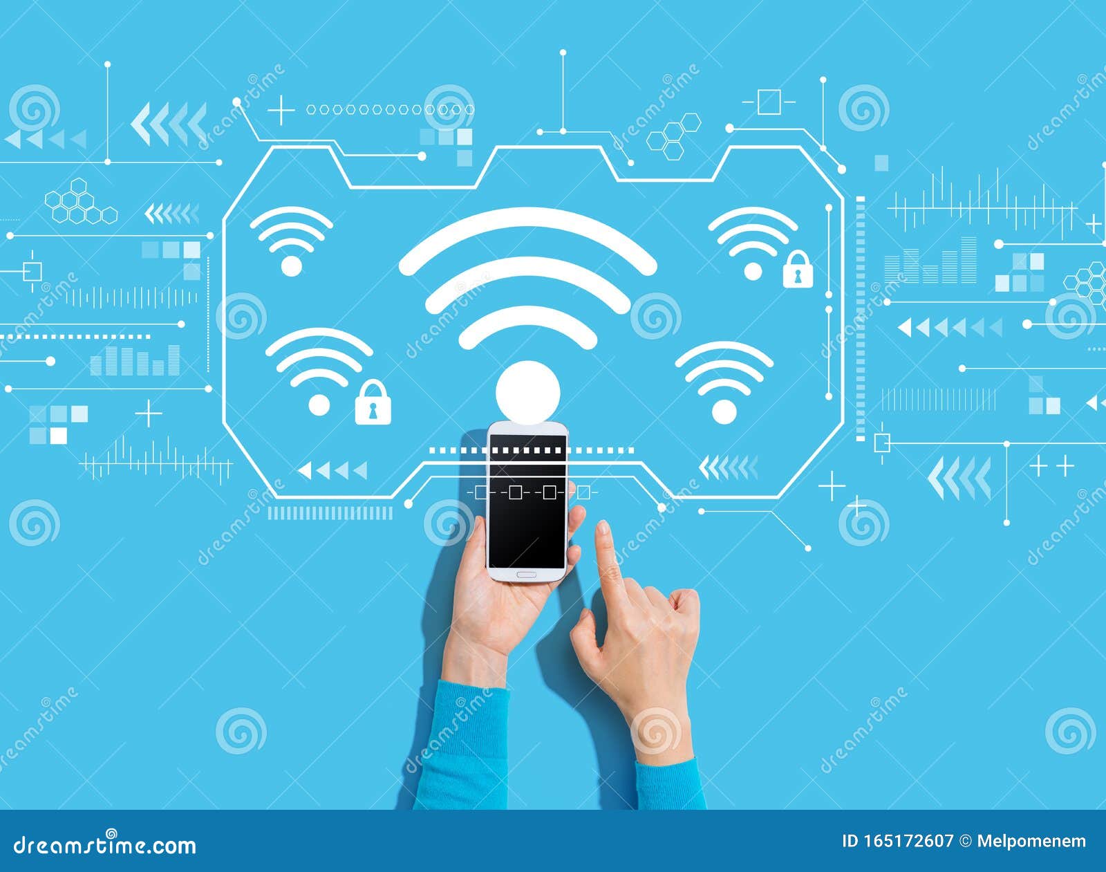 Wifi Theme with Person Using a Smartphone Stock Image - Image of online ...