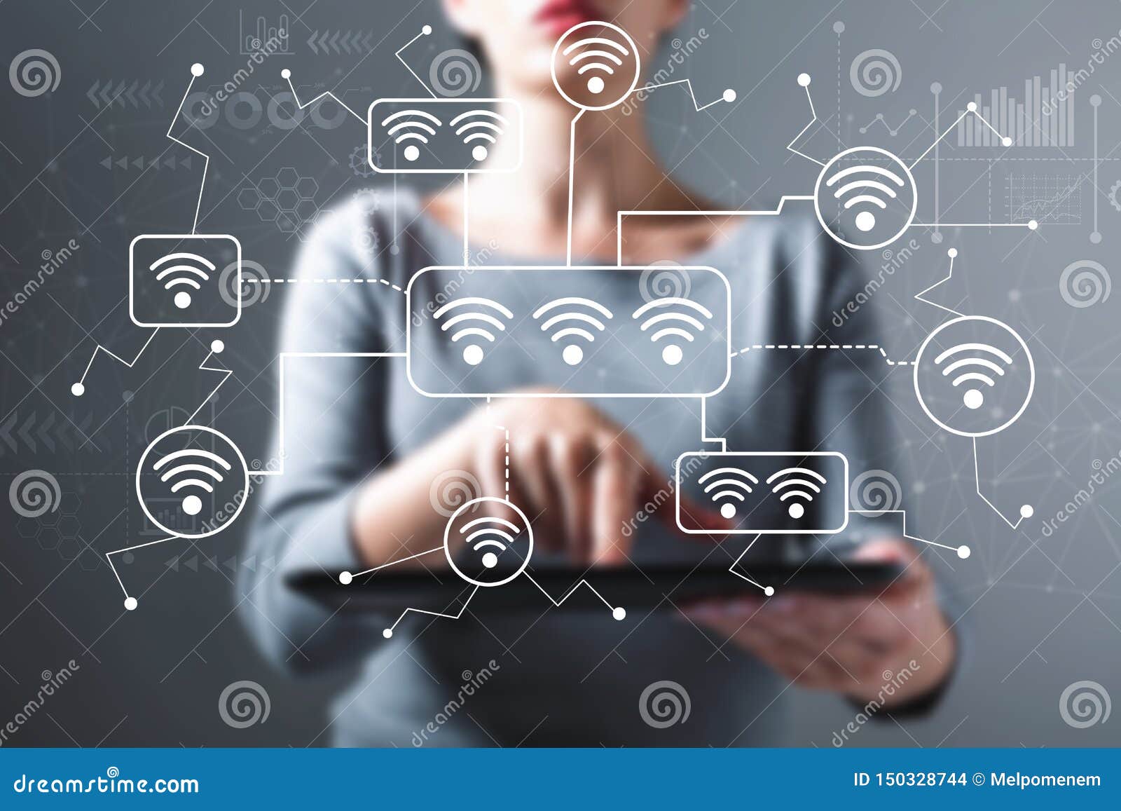 Wifi Theme with Woman Using a Tablet Stock Photo - Image of networking ...