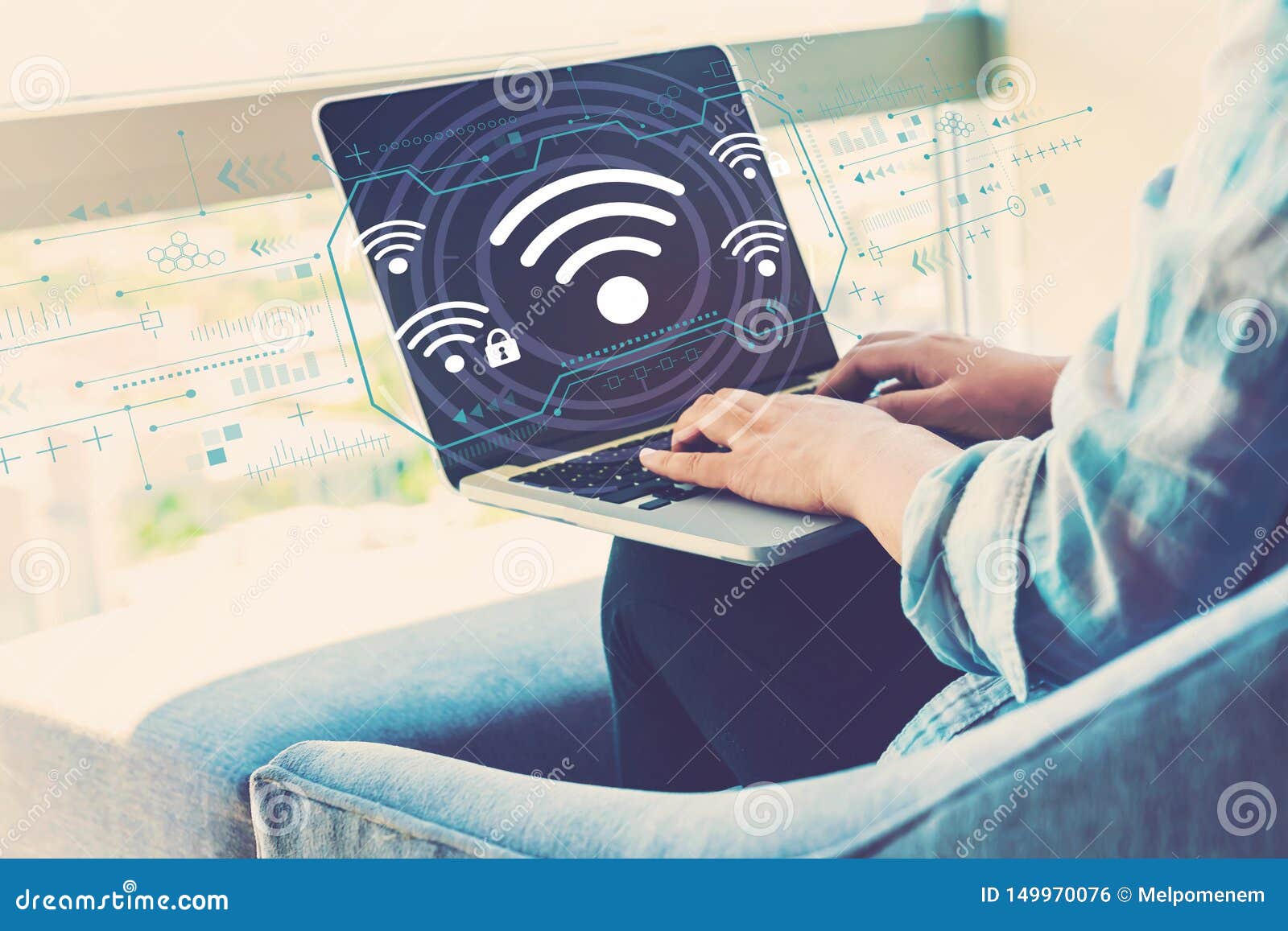 Wifi with Woman Using Laptop Stock Photo - Image of network, icons ...