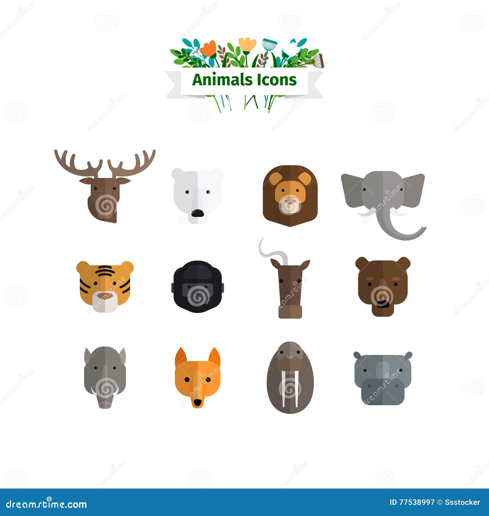 Wild Animals Faces Flat Avatars Set Stock Vector - Illustration of ...