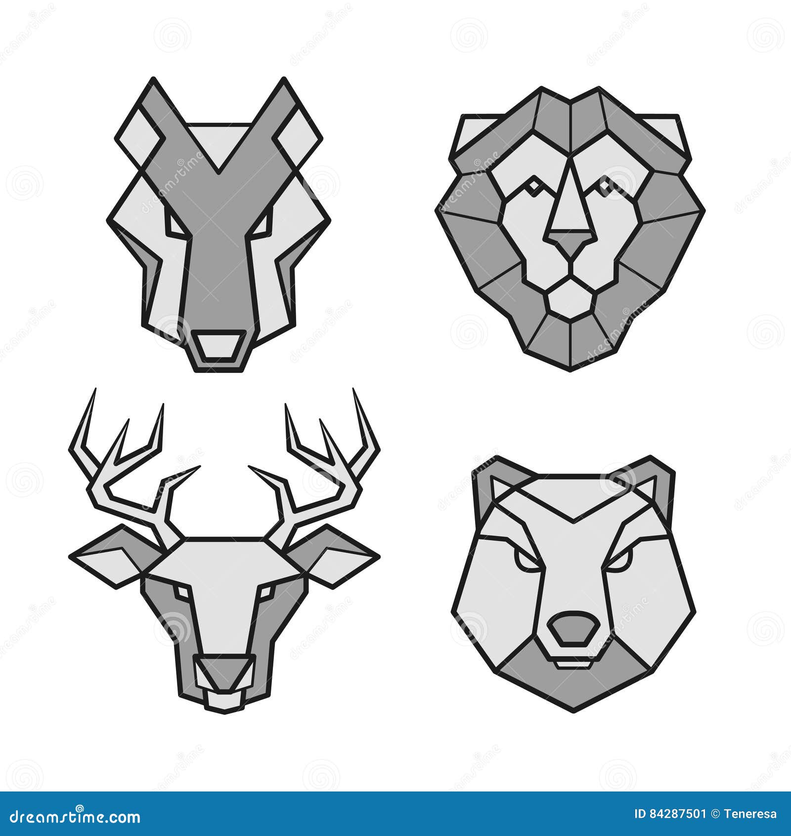 Wild Animals Geometric Head Icons Set Stock Vector - Illustration of ...