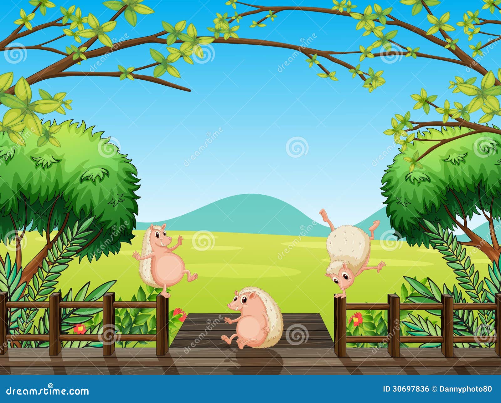 Wild Animals Playing at the Bridge Stock Vector - Illustration of trees ...