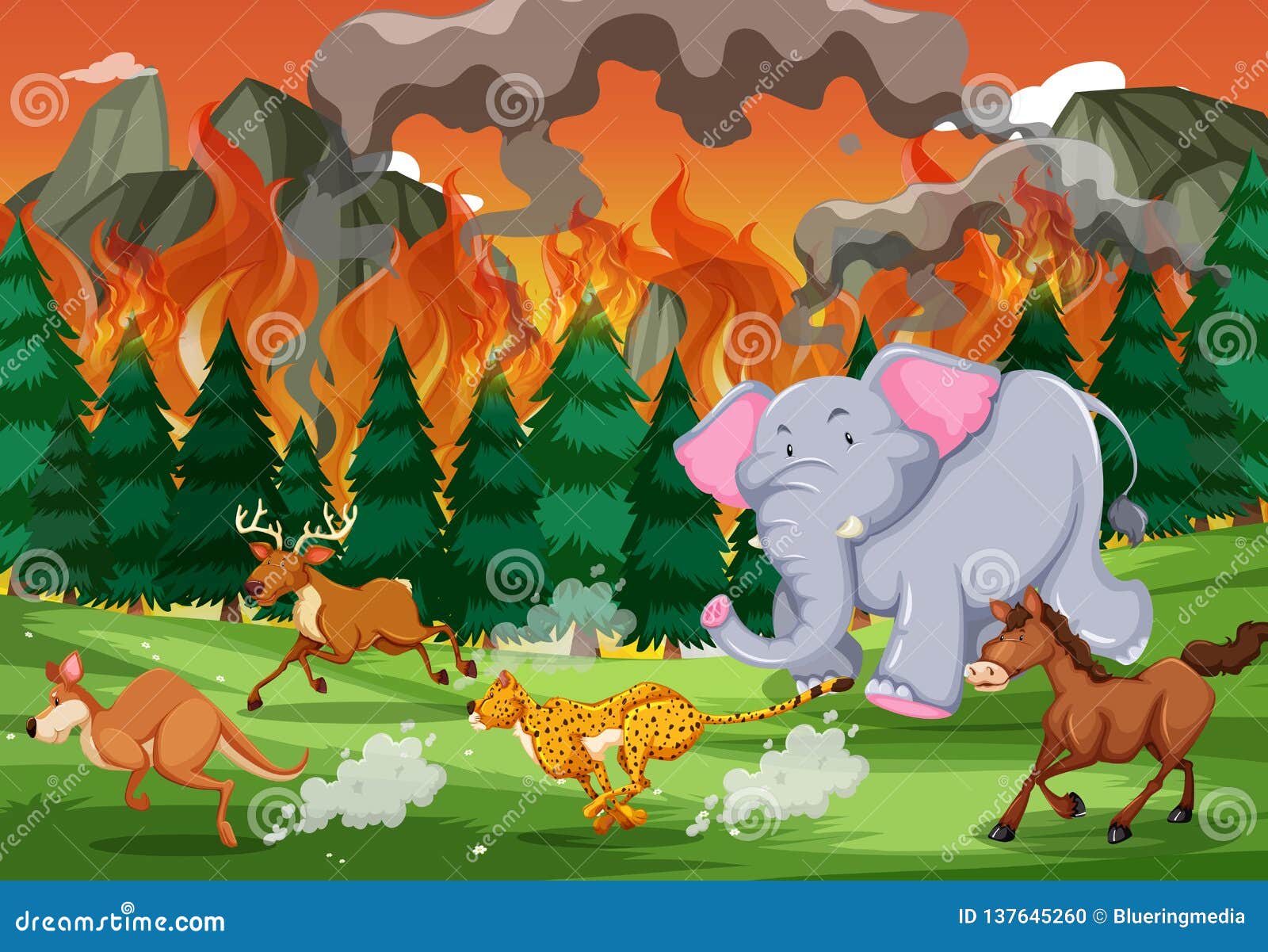 Wild Animals Run Away from Wildfire Stock Vector - Illustration of deer ...