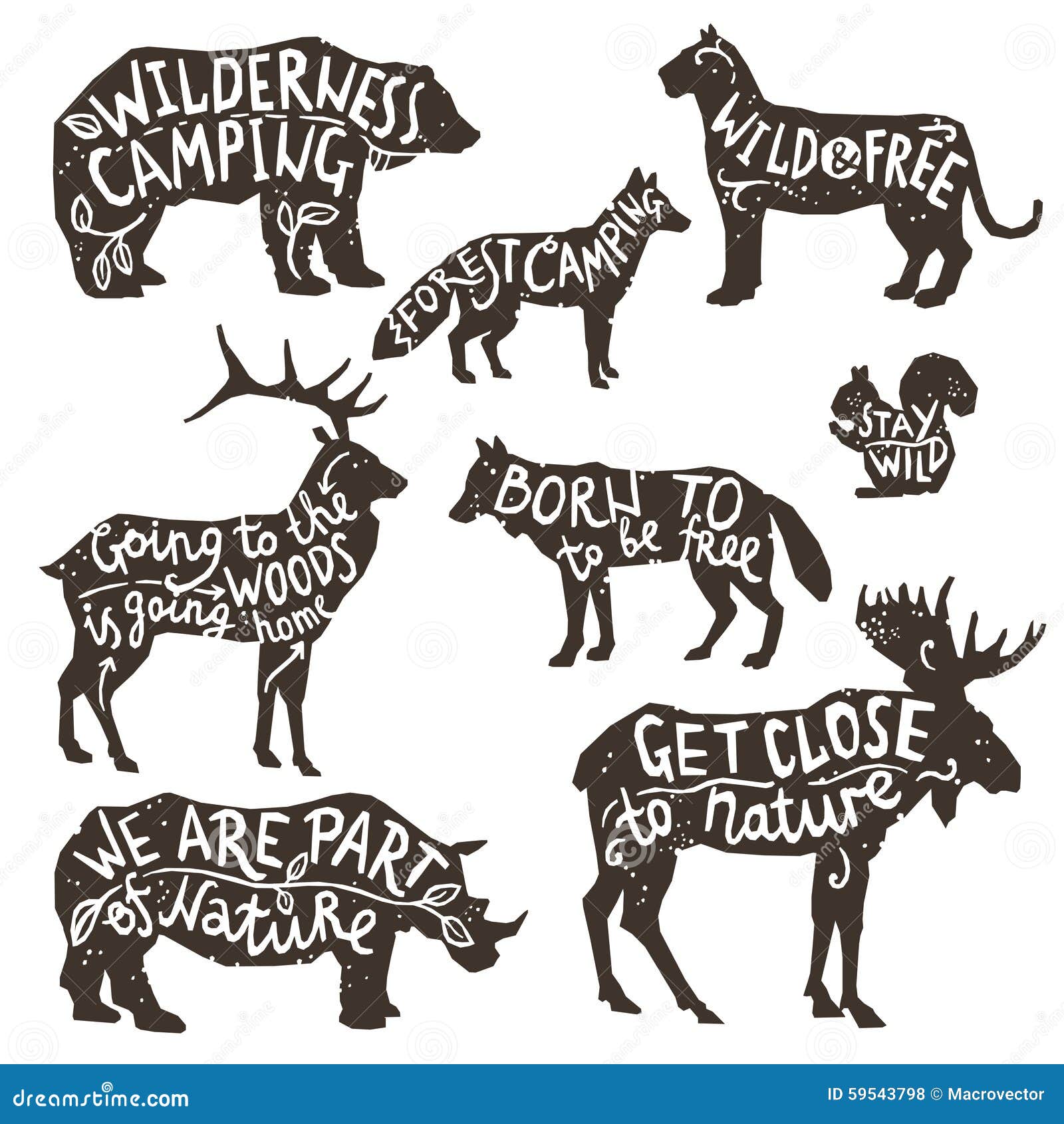 Wild Animals Silhouettes with Lettering Stock Vector - Illustration of ...