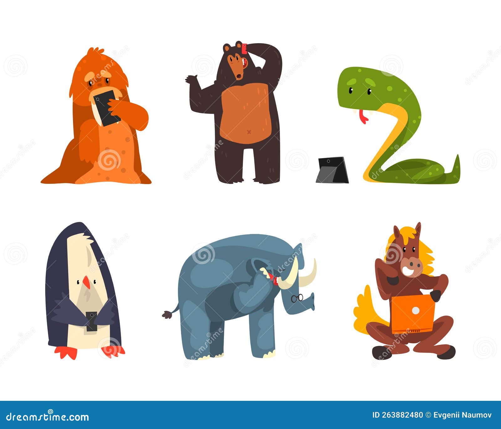 Wild Animals Using Modern Gadgets and Mobile Device Vector Set Stock ...