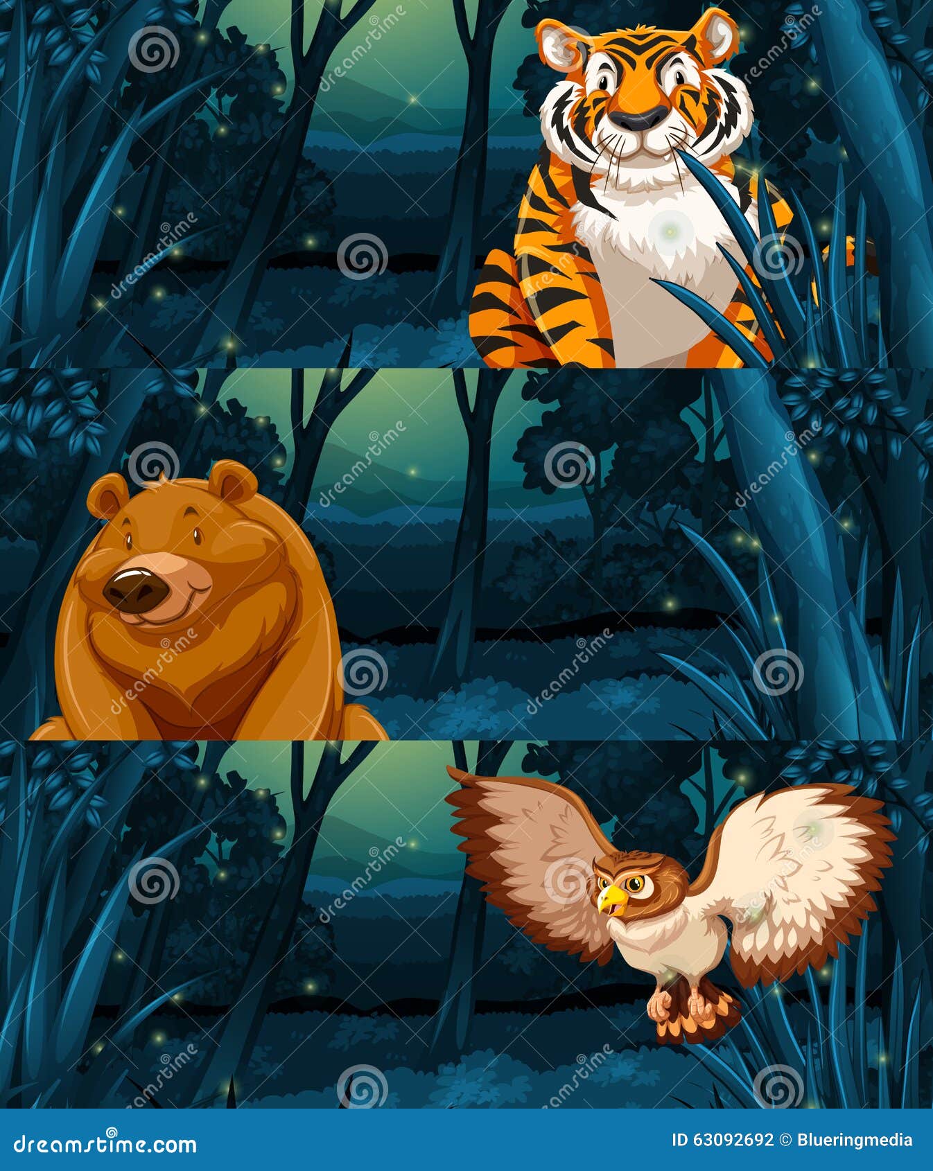 Wild Animals in the Woods at Night Stock Vector - Illustration of ...