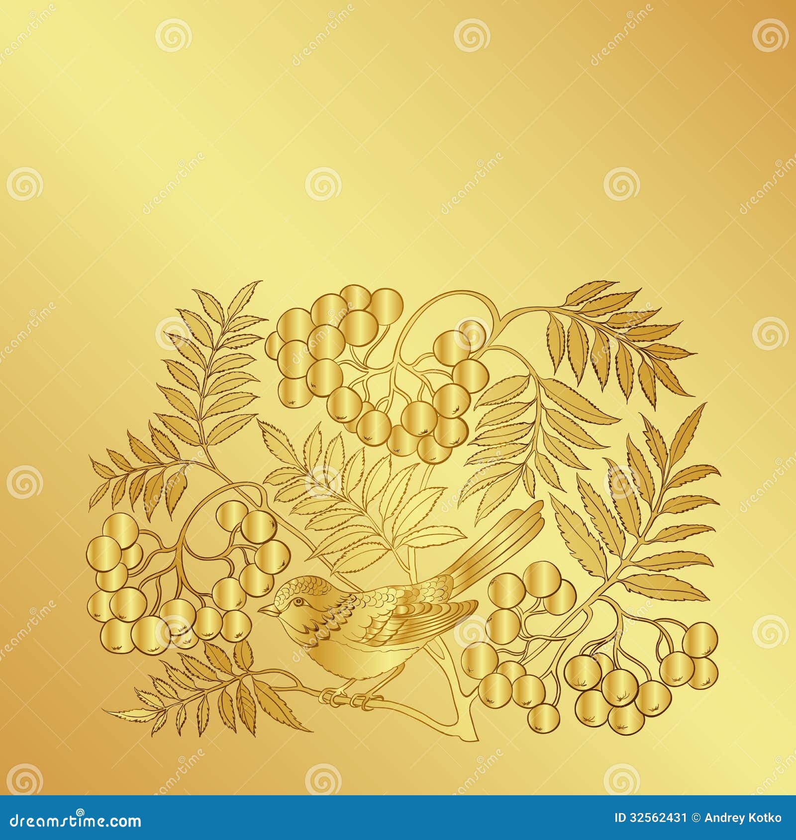 Wild Ash Branch Isolated on a Gold Background. Stock Vector ...