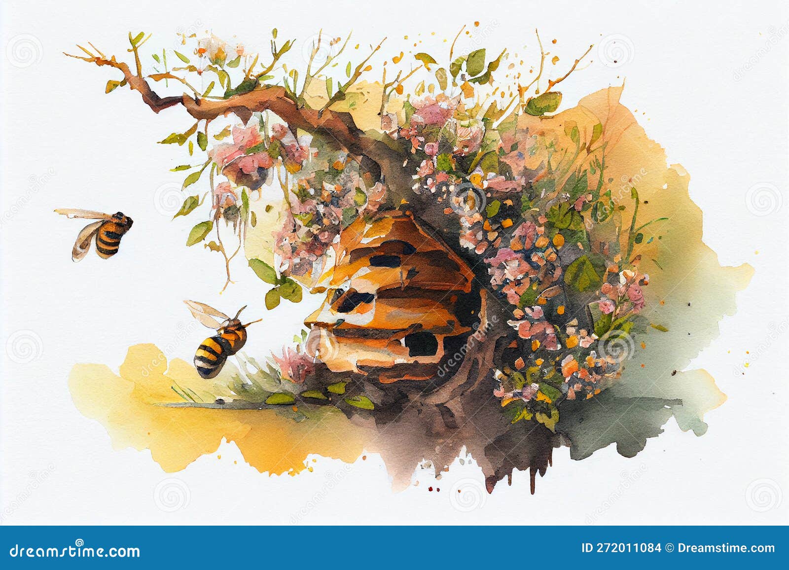 Wild Bee Hive on Tree with Flowers Drawing with Bit of Watercolour ...