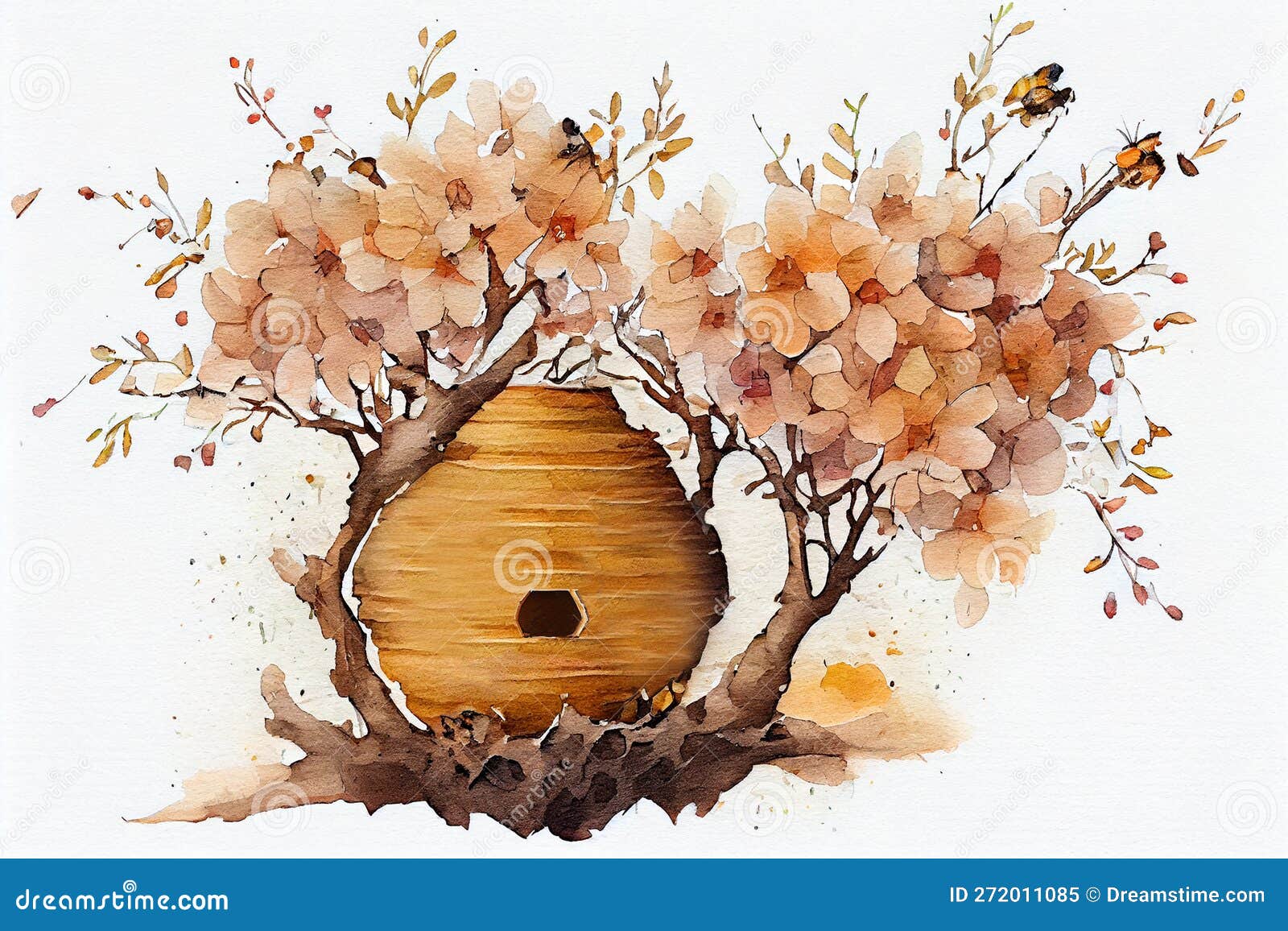 Wild Bee Hive on Tree with Flowers Drawing with Bit of Watercolour ...