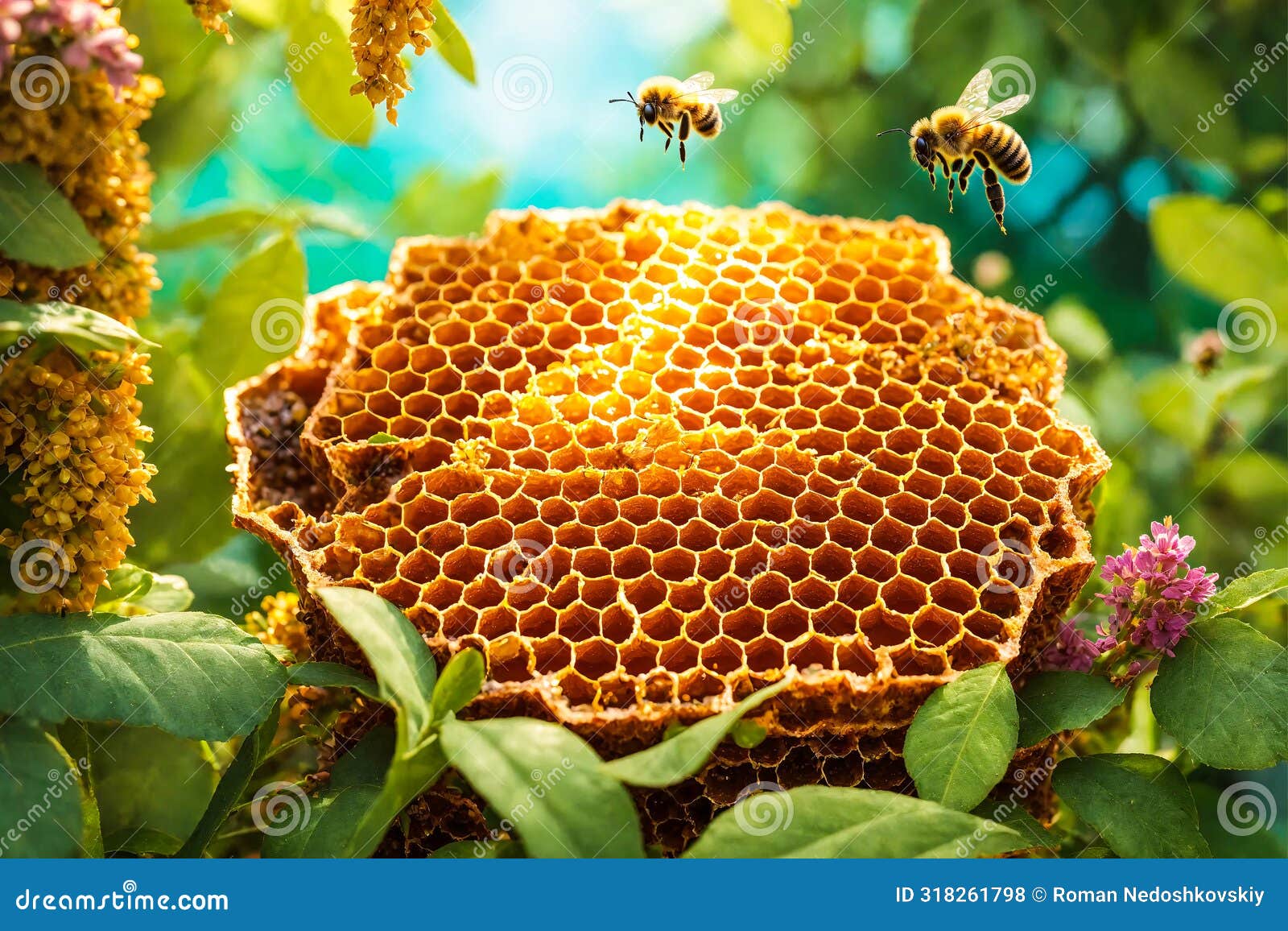 Wild Bees Flying Over Honeycomb on Flowering Tree Stock Illustration ...
