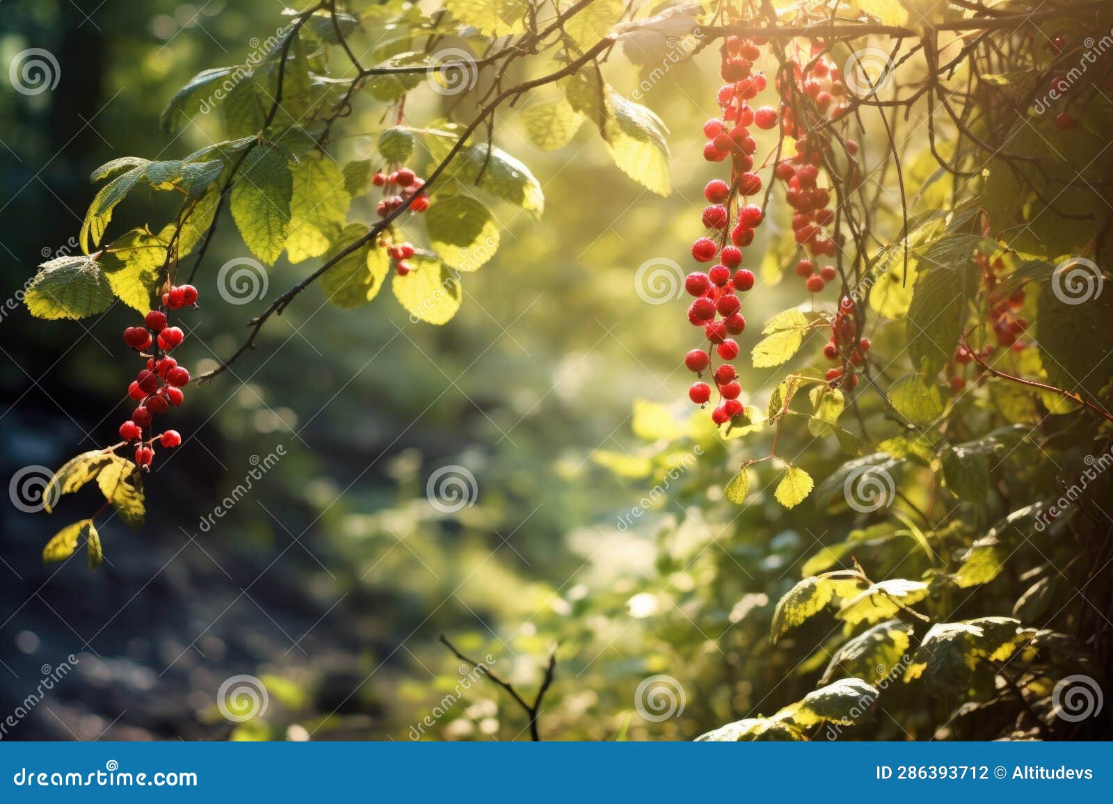 Wild Berries on a Bush, Sunlit Forest Background Stock Photo - Image of ...