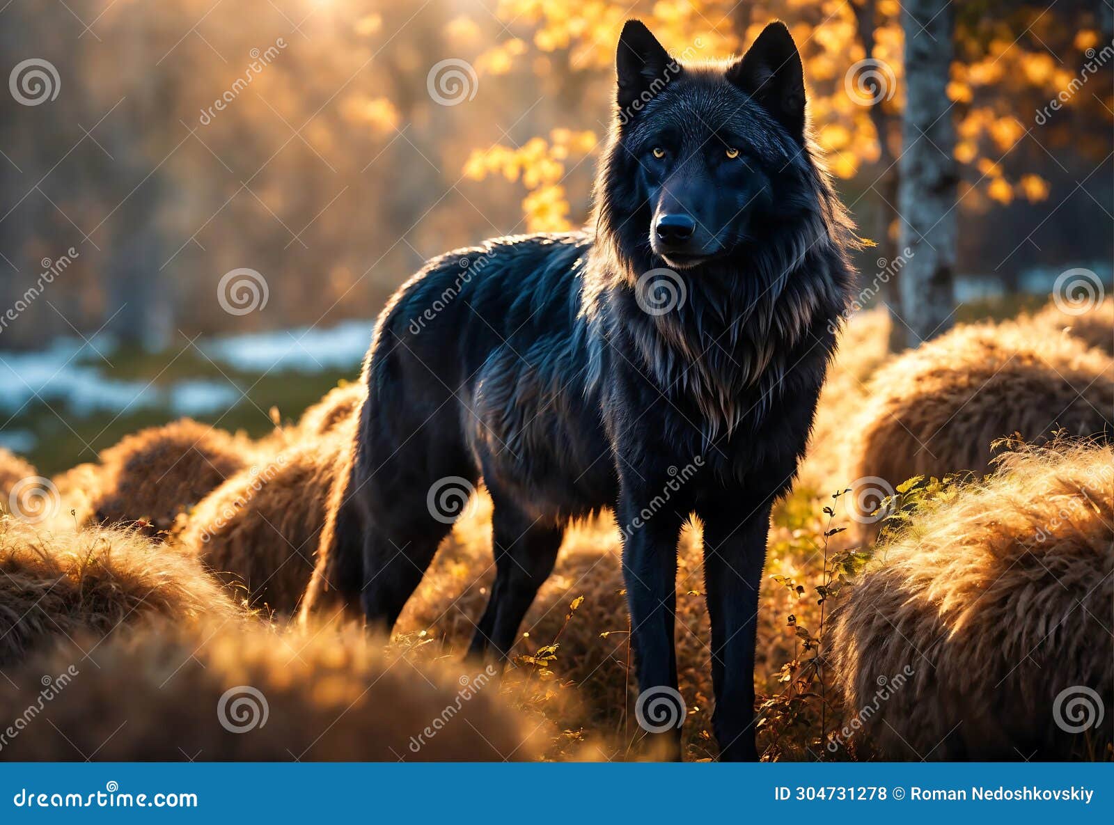 Wild Black Wolf on the Sunny Autumn Highlands in Forest Stock Photo ...