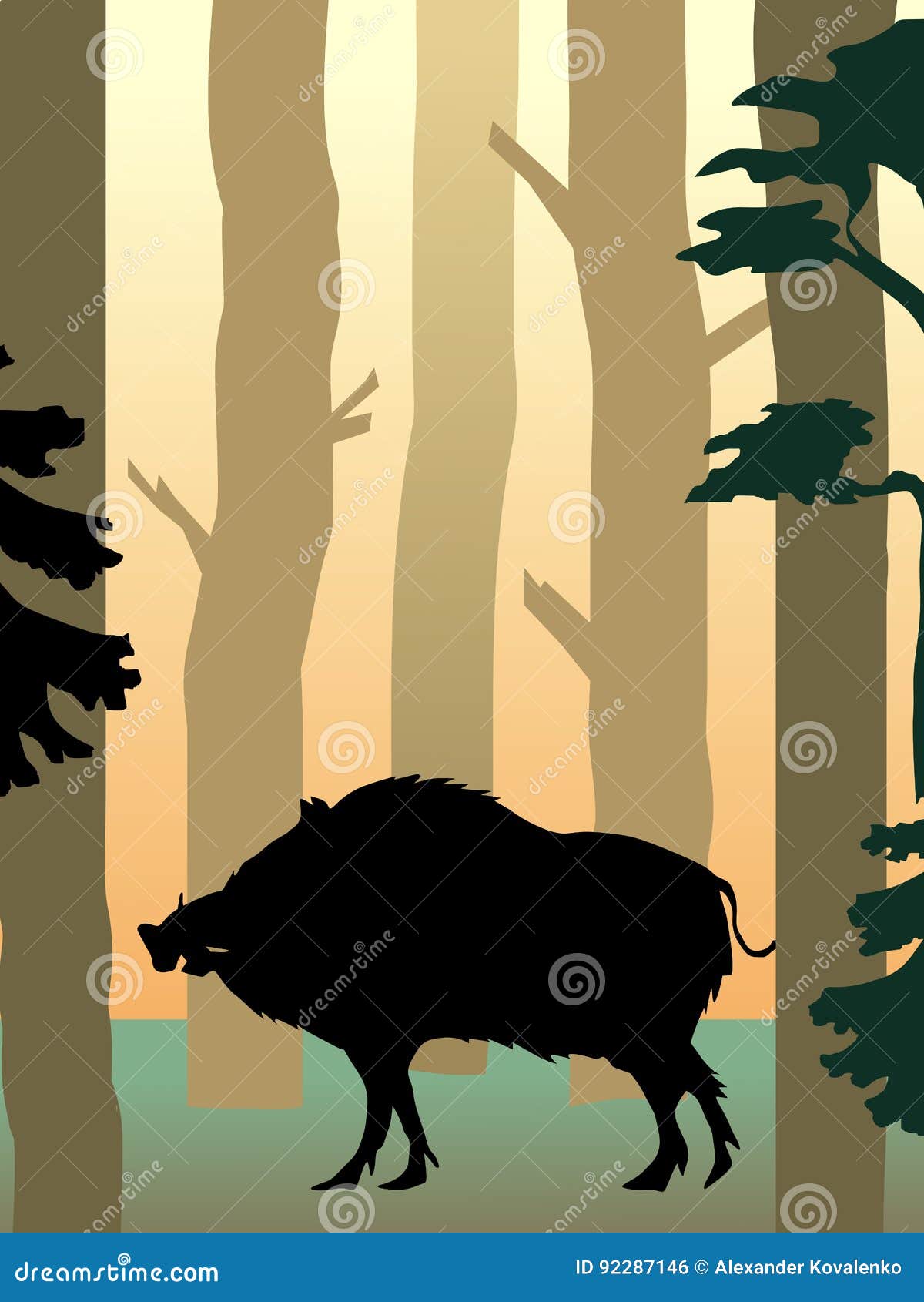 Wild boar in the forest stock illustration. Illustration of hunt - 92287146