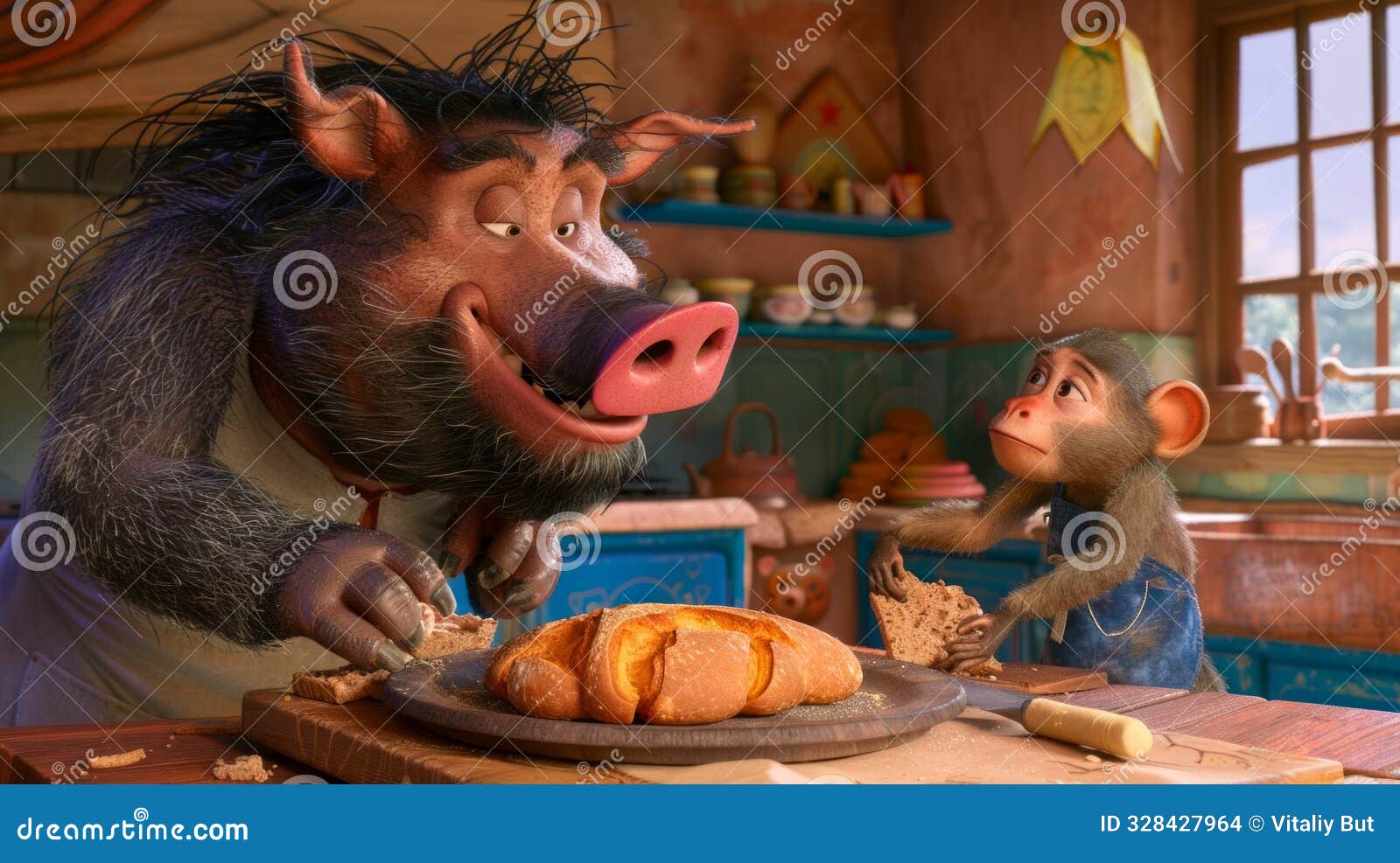 Wild Boar and a Monkey Prepare a Loaf of Bread in a Cozy, Rustic ...