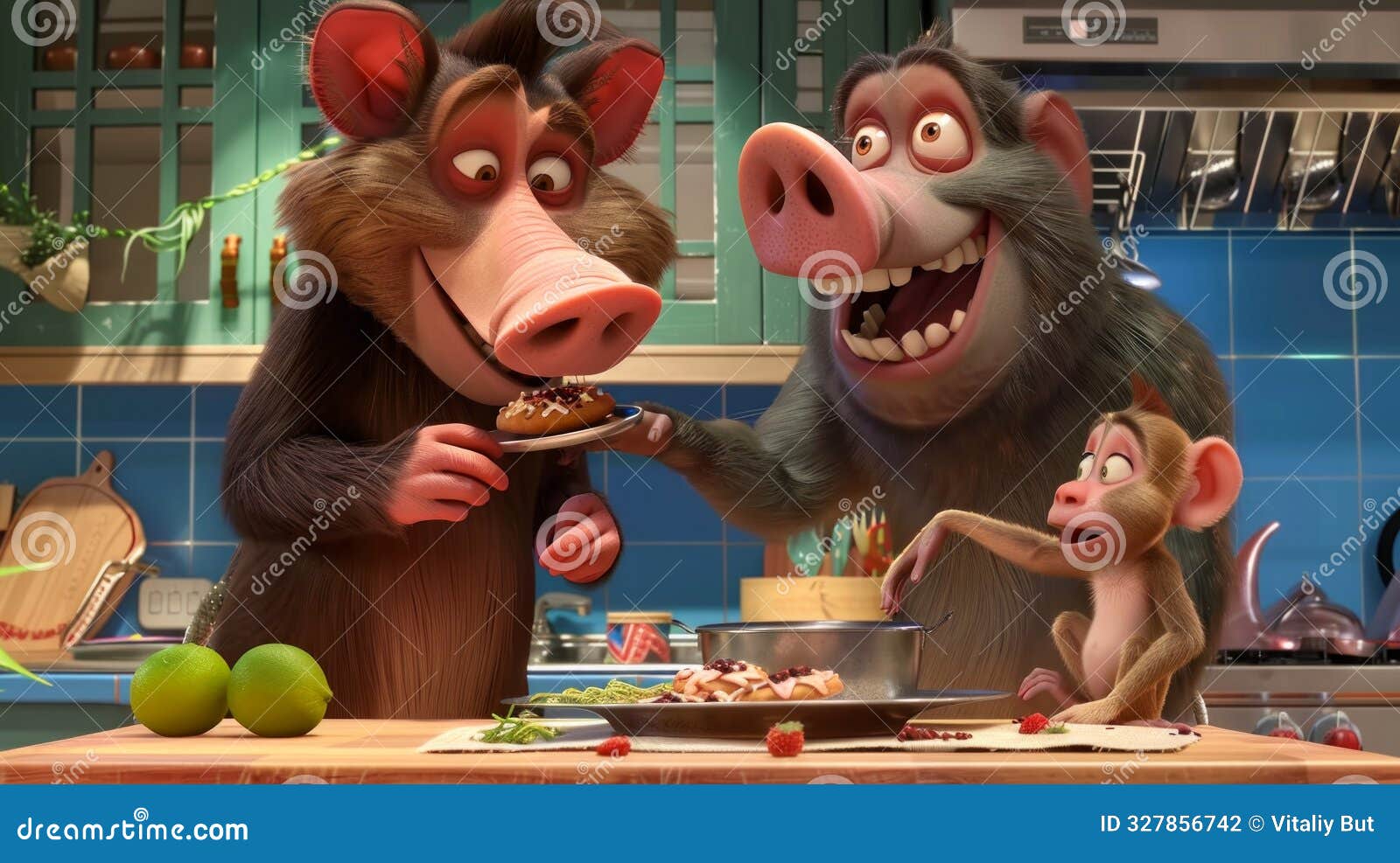 Wild Boar and a Monkey Share a Meal Together in a Child-sized Kitchen ...