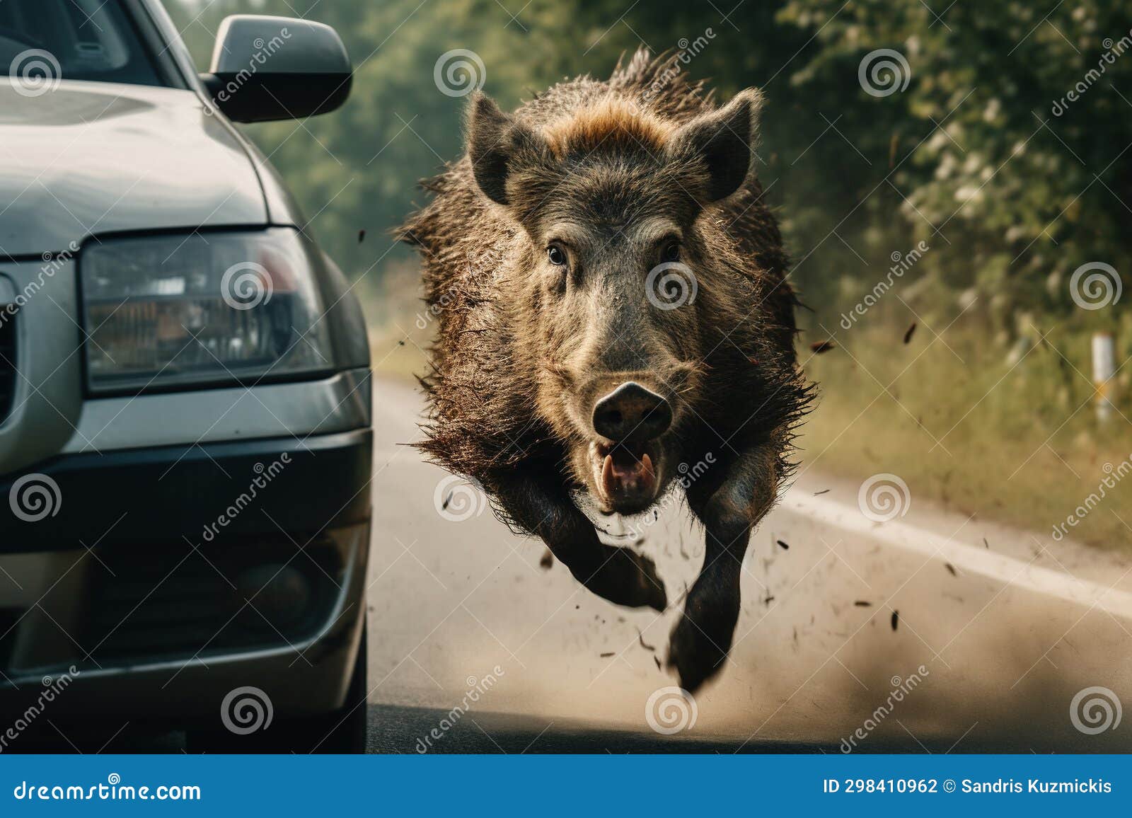 Wild Boar Running in Front of Moving Car. Generative AI Stock ...