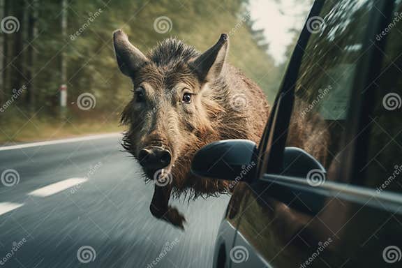 Wild Boar Running in Front of Moving Car. Generative AI Stock ...