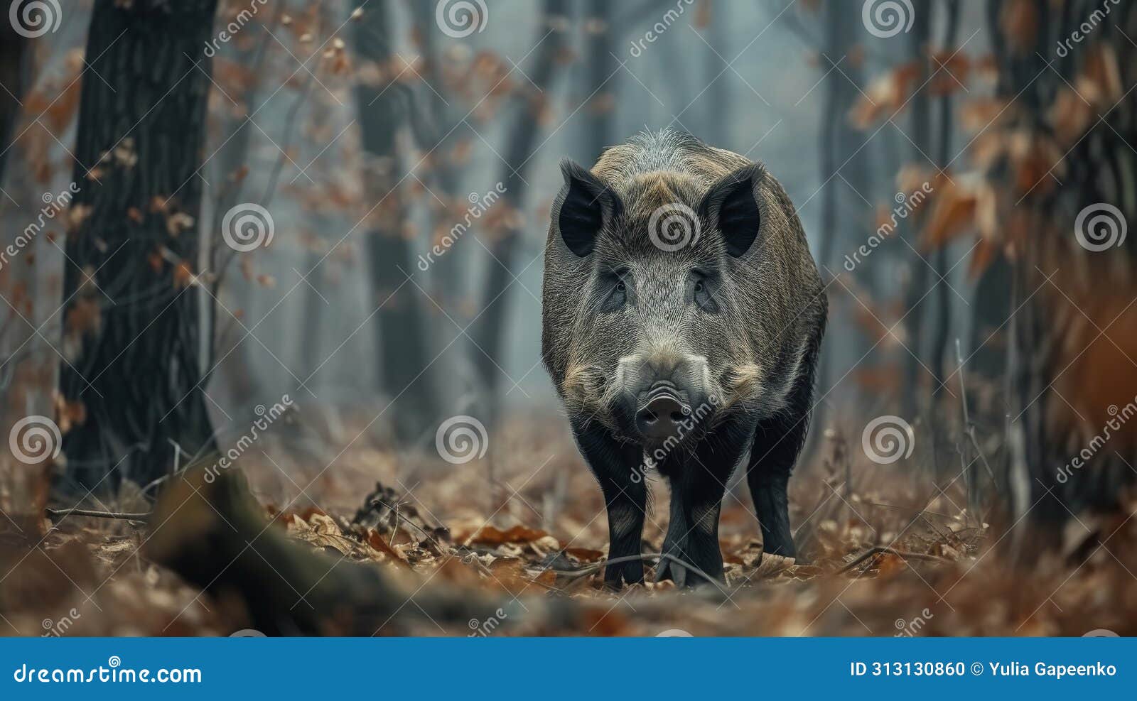 Wild Boar Stands in the Forest and Looks at the Camera Large Copyspace ...