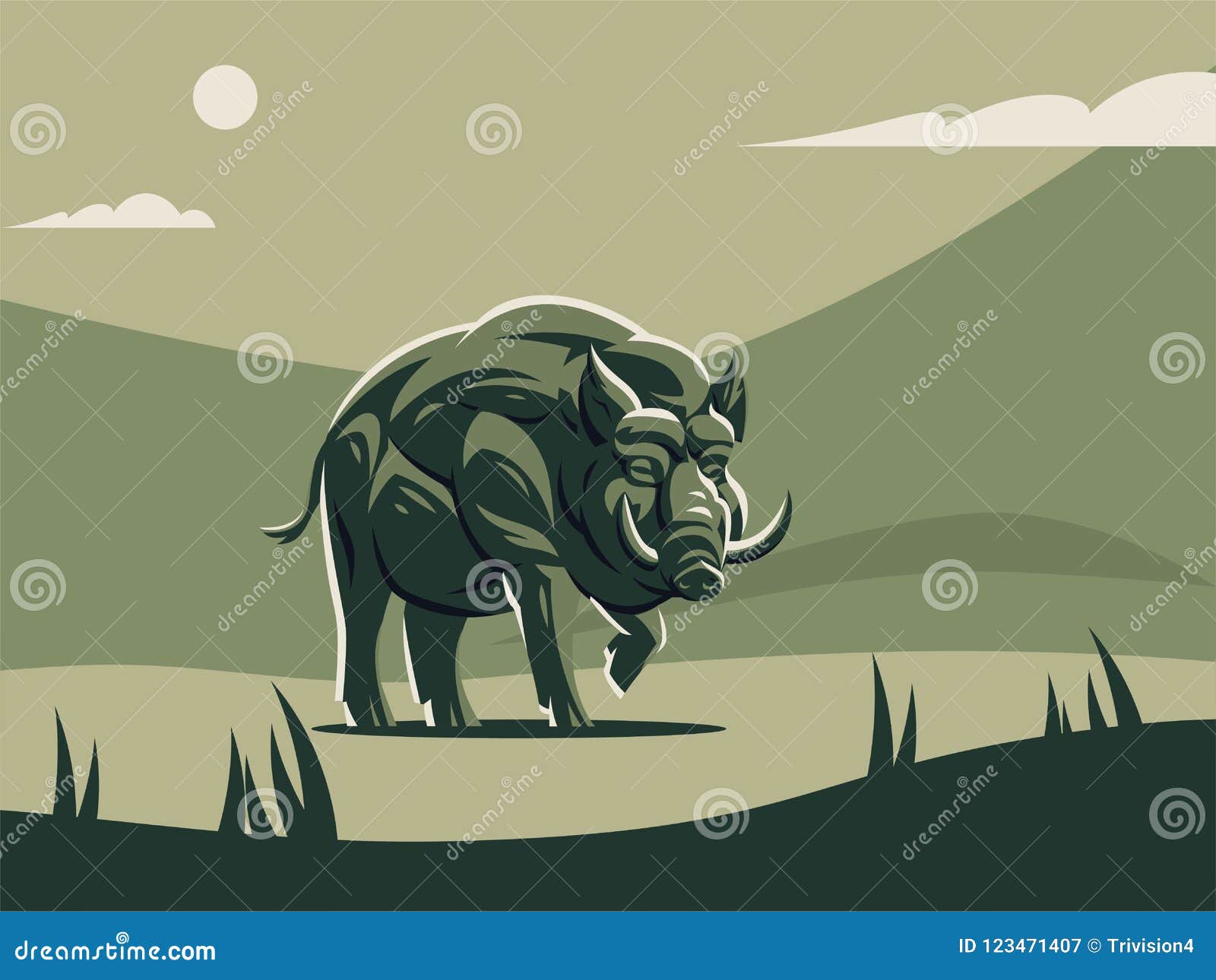Wild boar with tusks. stock vector. Illustration of outline - 123471407