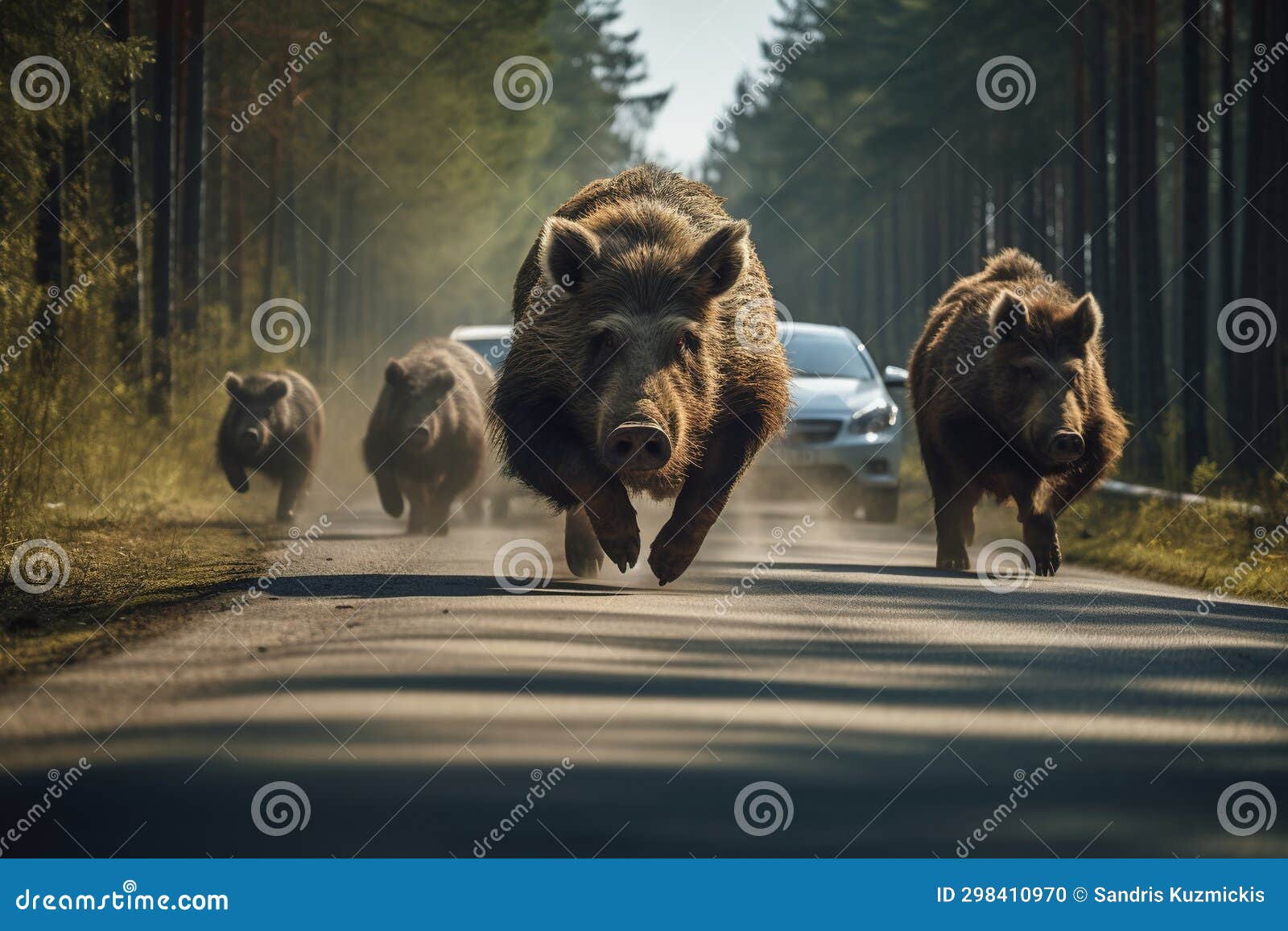 Wild Boars Running in Front of Moving Car. Generative AI Stock ...