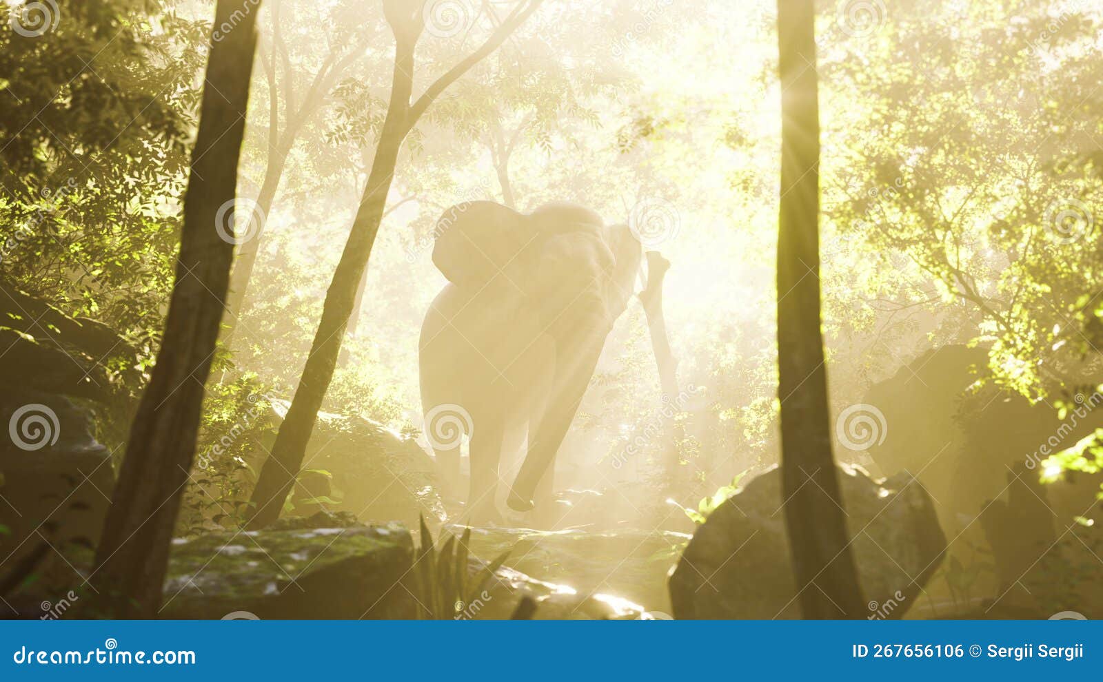 Wild Bull Elephant in the Jungle with Deep Fog Stock Illustration ...