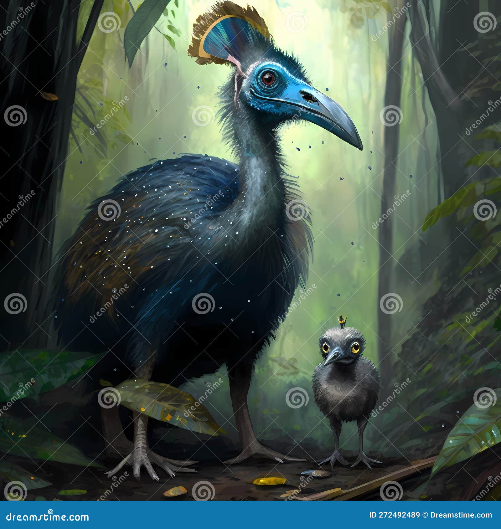 Wild Cassowary and Baby at Rainforest. Generative AI Stock Illustration ...