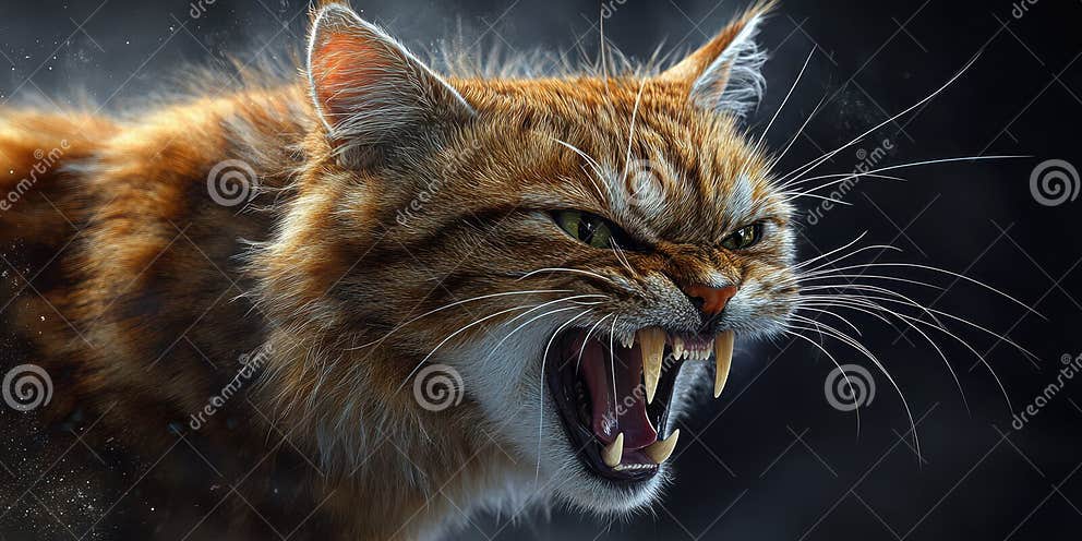 Wild Cat Snarling Fiercely in a Dramatic Dark Setting Showcasing Its ...