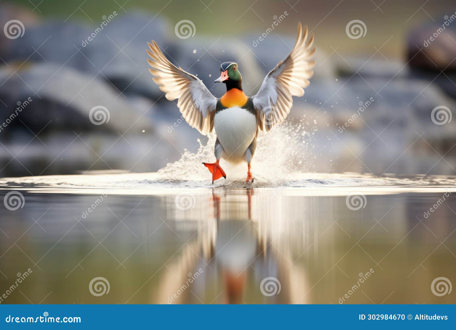 Wild Duck Flapping Wings at Waters Edge in Dawn Stock Illustration ...