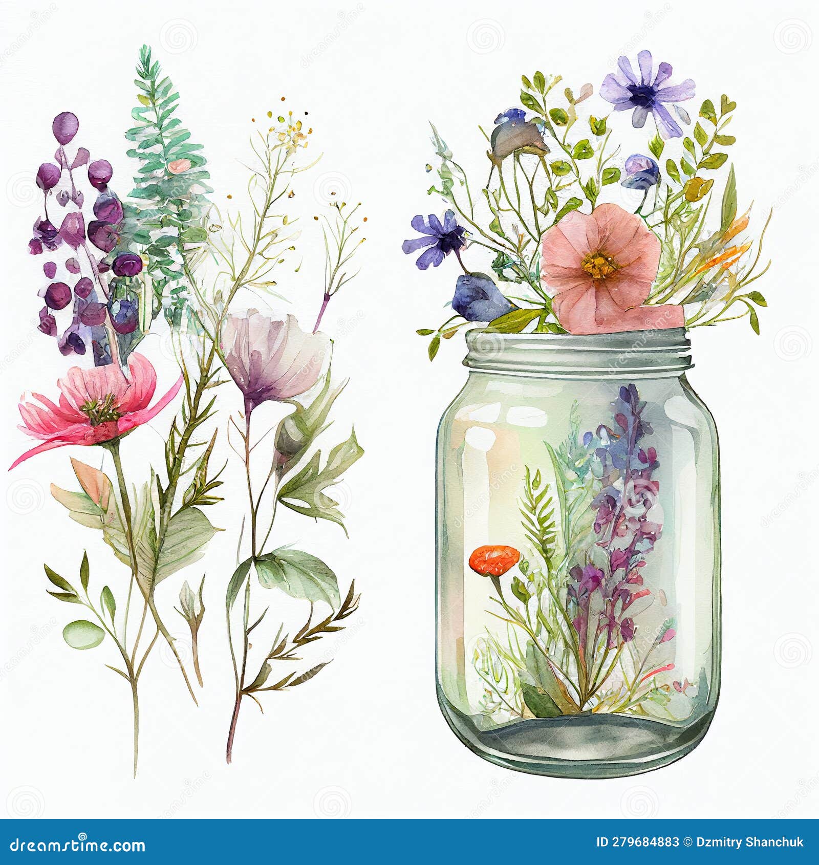 Wild Flowers in a Jar, Watercolor Drawing Generative AI Stock ...