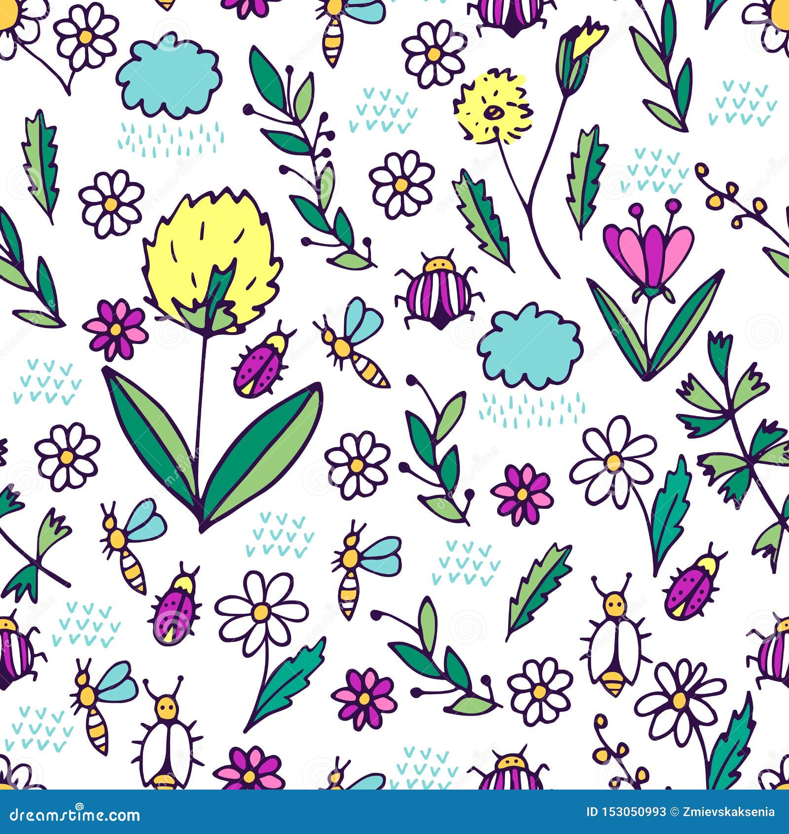 Wild Flowers Seamless Pattern in Cartoon Style Stock Vector ...
