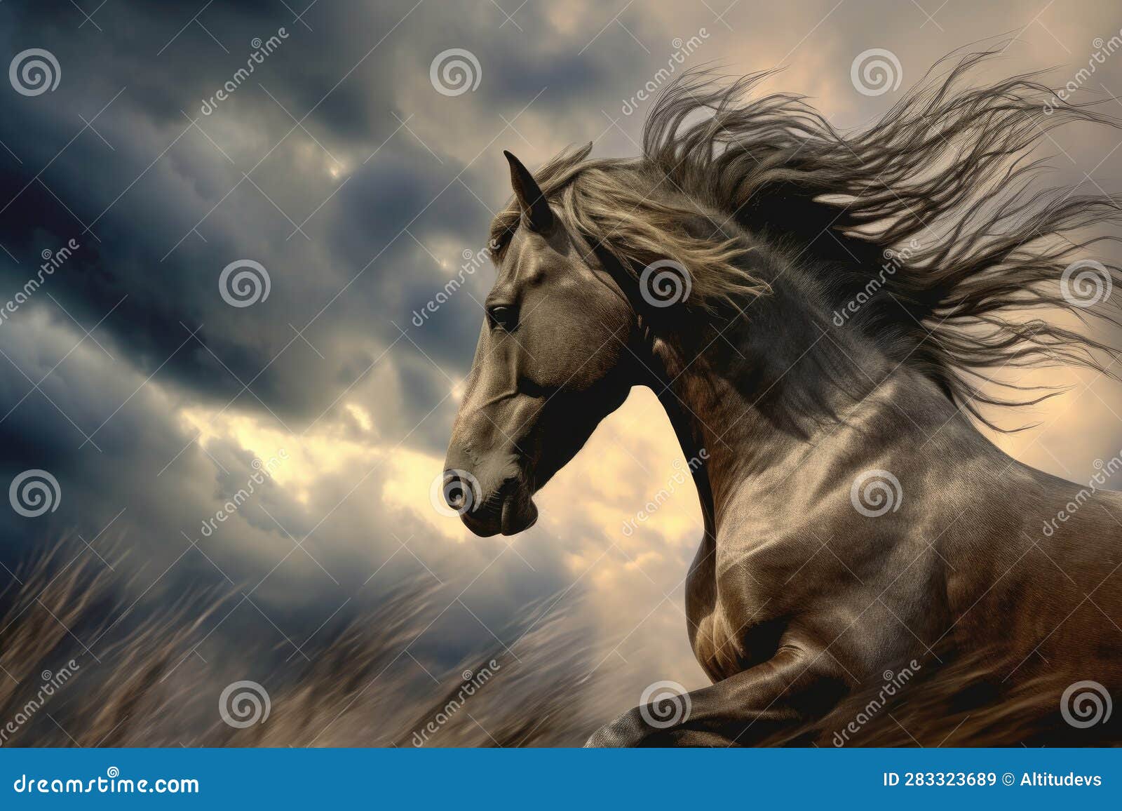 Wild Horse with Windswept Mane Against Dramatic Sky Stock Illustration ...