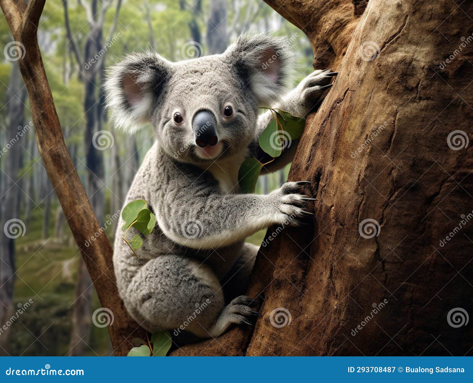 Koala Climbing On Eucalyptus Tree Logo Template. Grey Koala Bear Vector ...