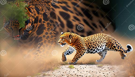 Wild Leopard Chasing Prey in Desert Stock Illustration - Illustration ...