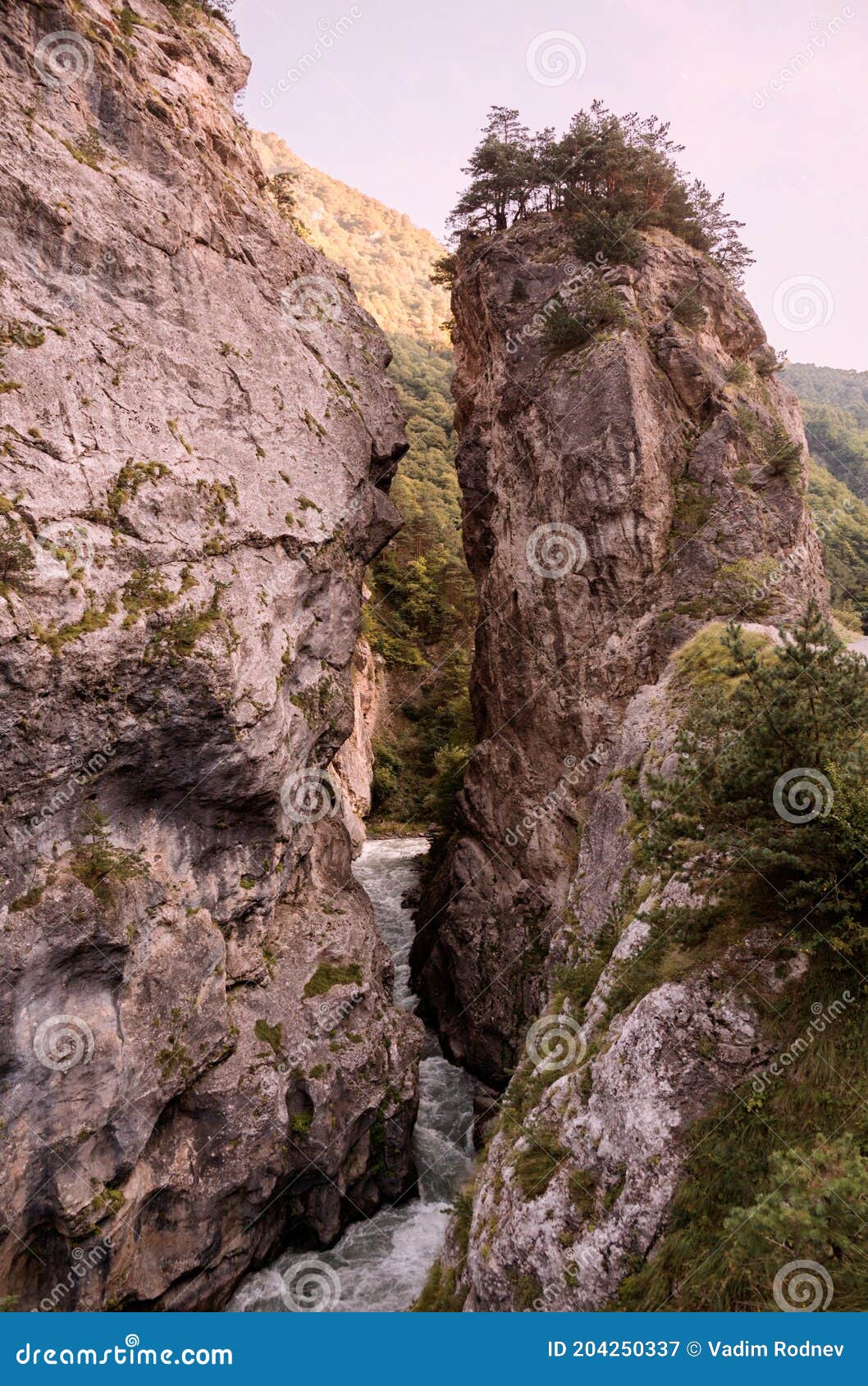 A Wild Mountain River Squeezing between Two Craggy Rocks in a Gorge ...