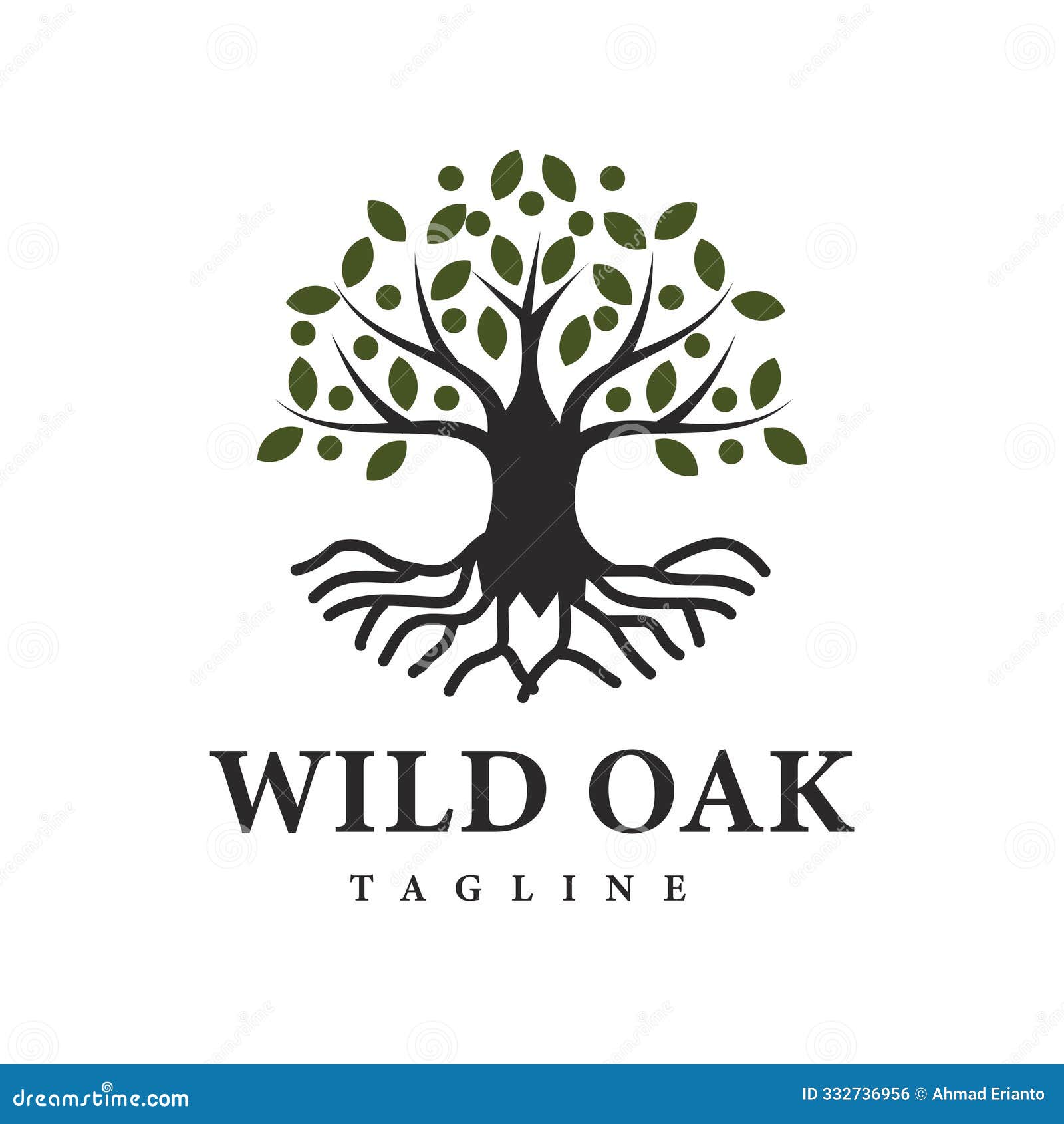 Wild Oak Logo Design Silhouette of a Sturdy Oak Tree with Deep Roots ...