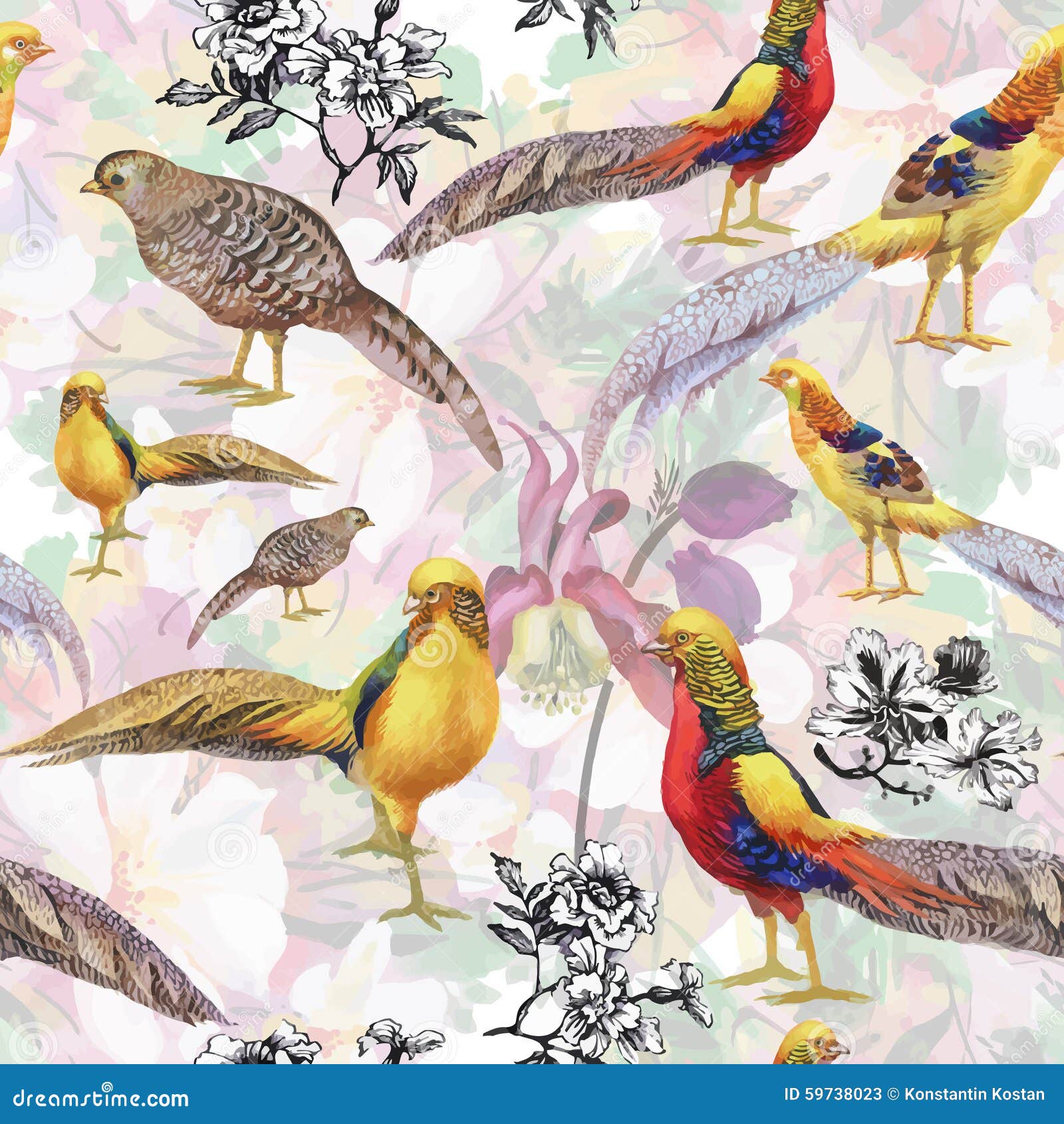 Wild Pheasant Animals Birds in Watercolor Floral Seamless Pattern Stock ...